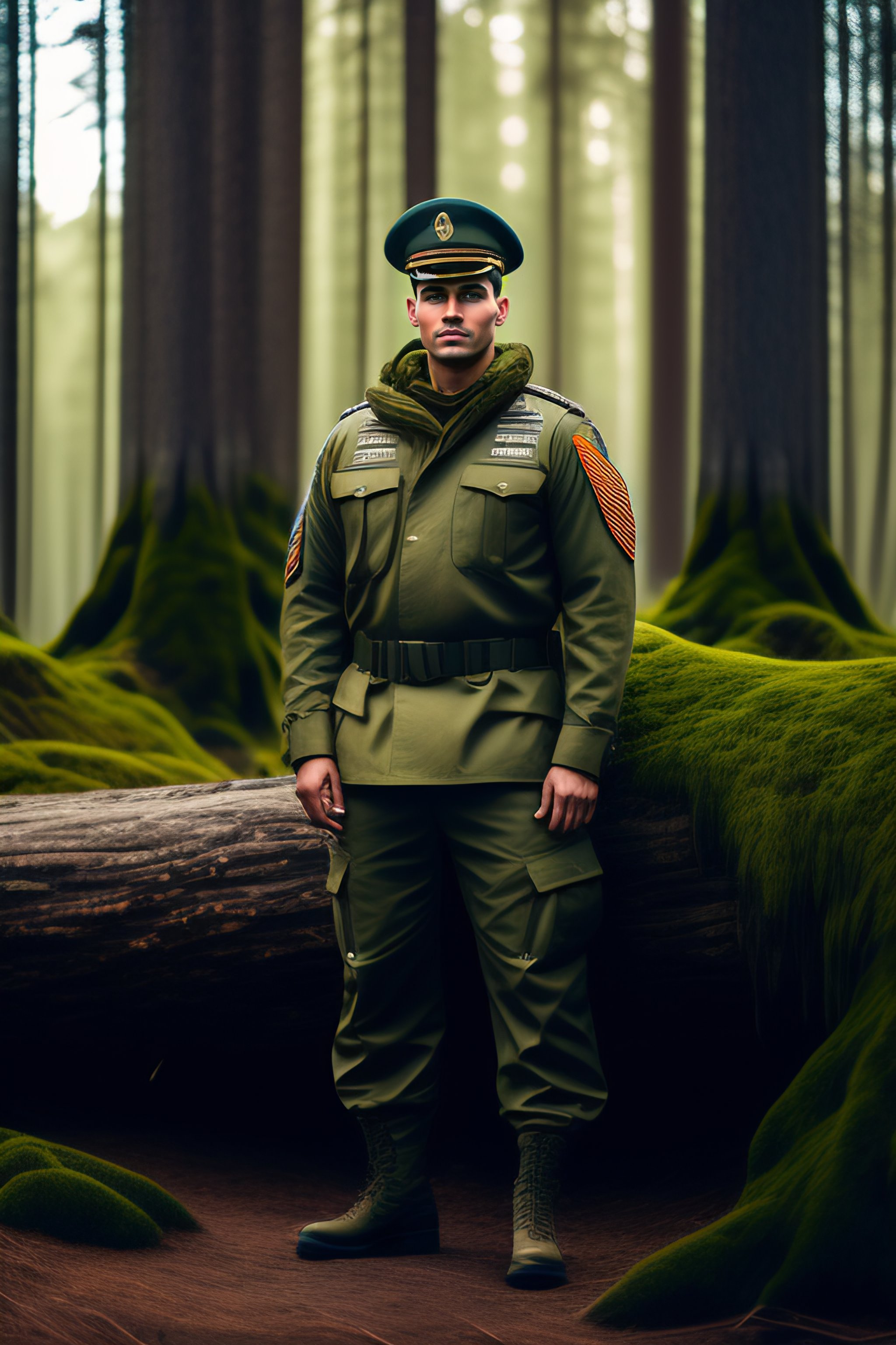 Lexica - Realistic photo of Soldier Boy standing on a log in the forest