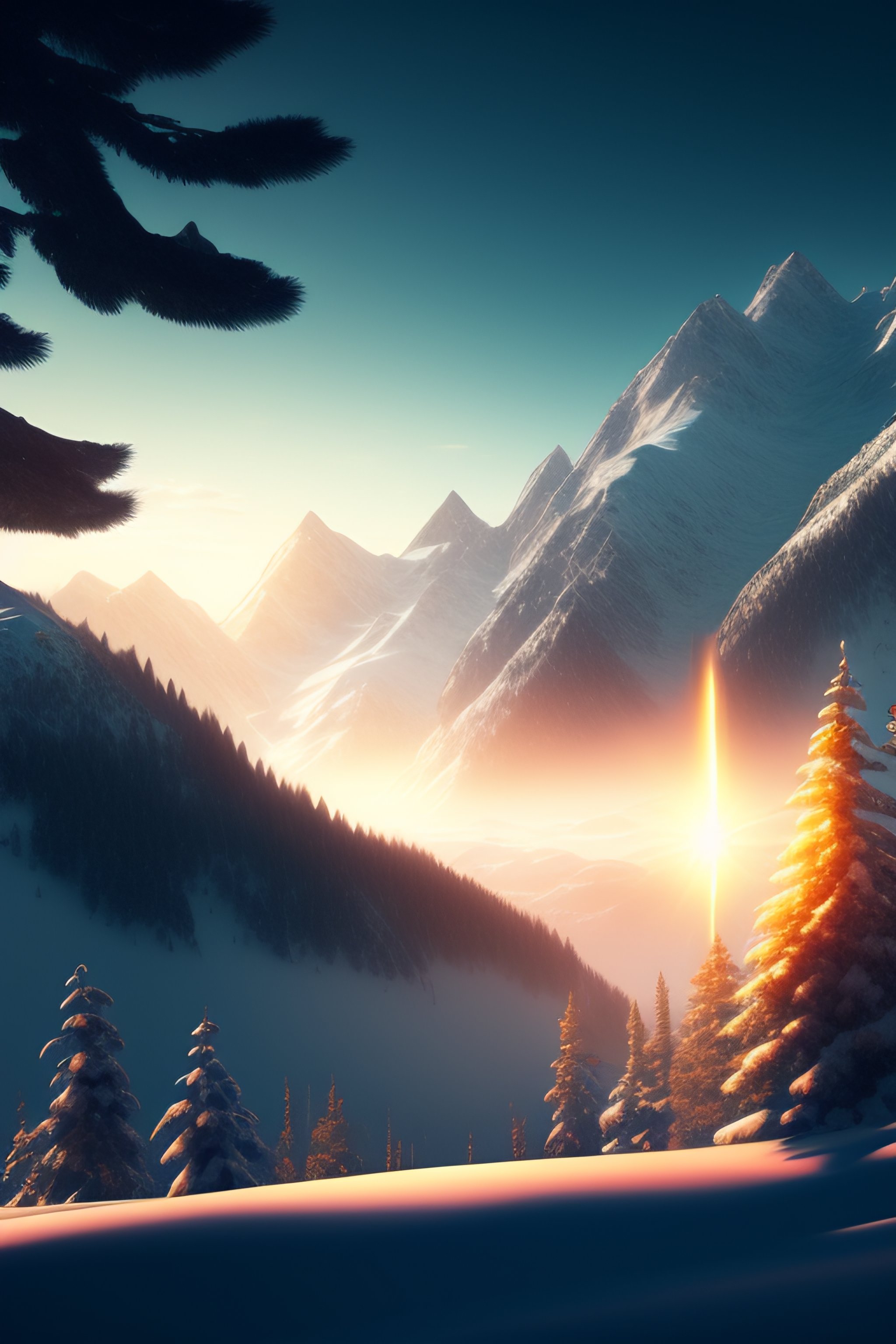 Lexica - Flare on snowy mountains, green forest background, sunny day ...