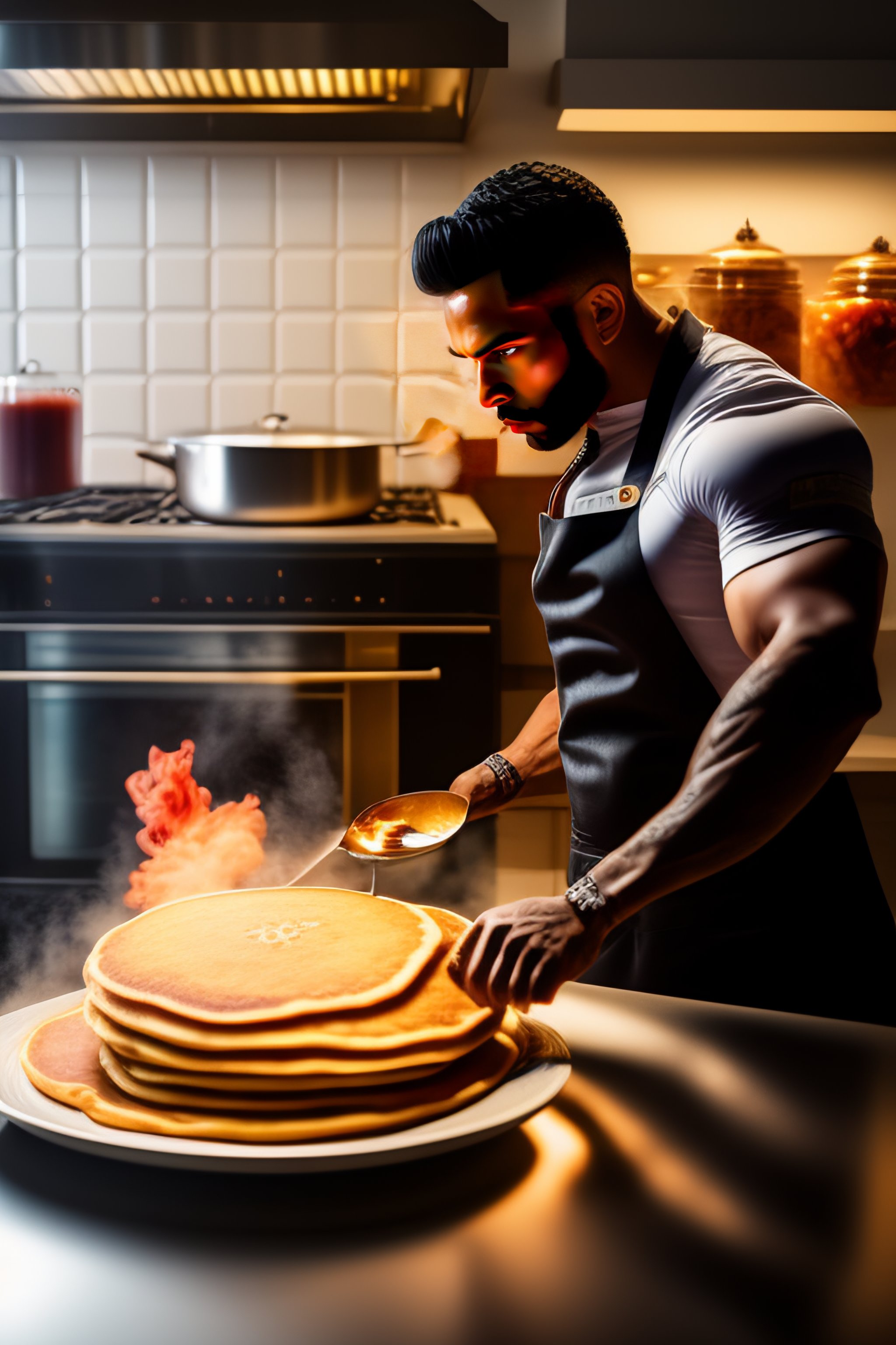 Lexica - Lucifer from Helltaker in the Kitchen making pancakes