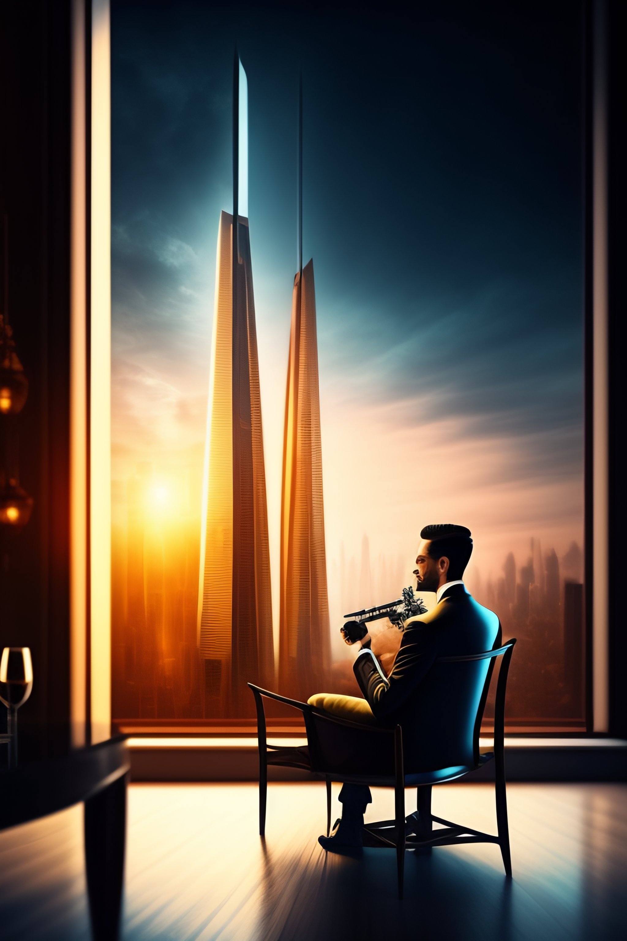 Lexica - Tall withe detective with a cigare in the hand, sit down on ...