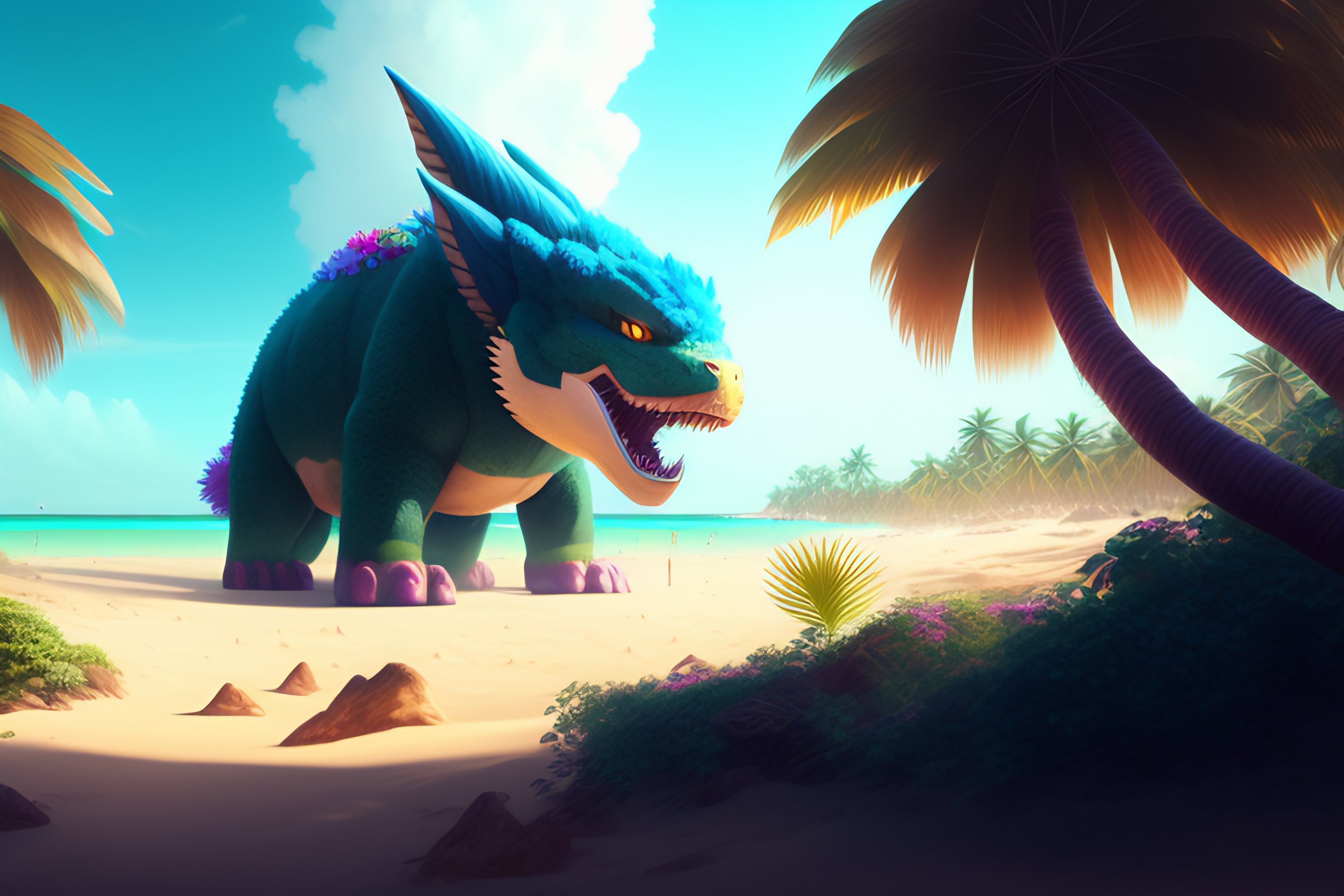 Lexica - Giant pokemon monster creature on tropical beach sand ...