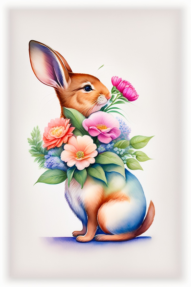 Lexica - A cute bunny holding a bouquet of flowers, in gentle retro ...