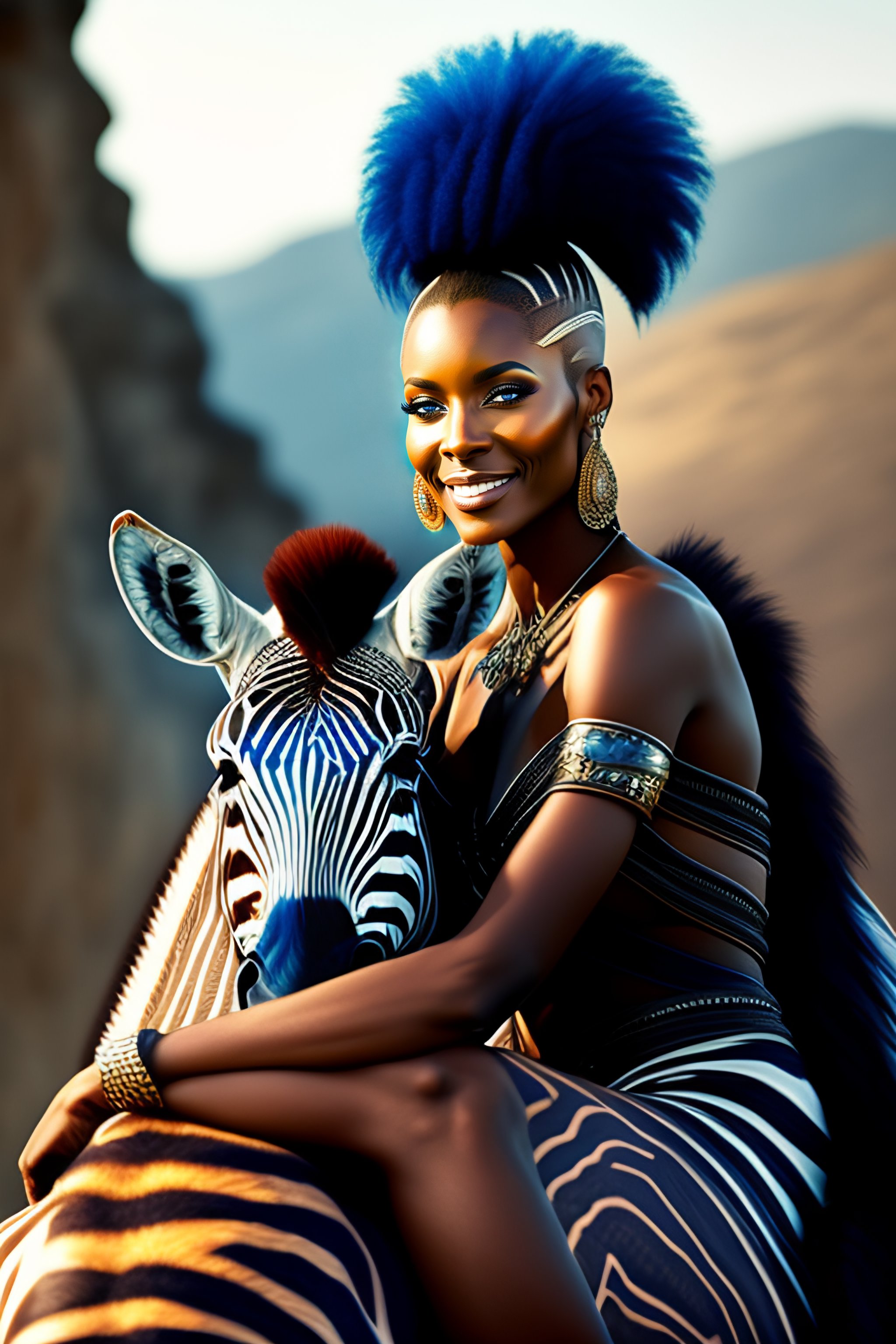 Lexica - Woman, tall, blue eyes, smiling, mohawk, zebra skin, sitting ...