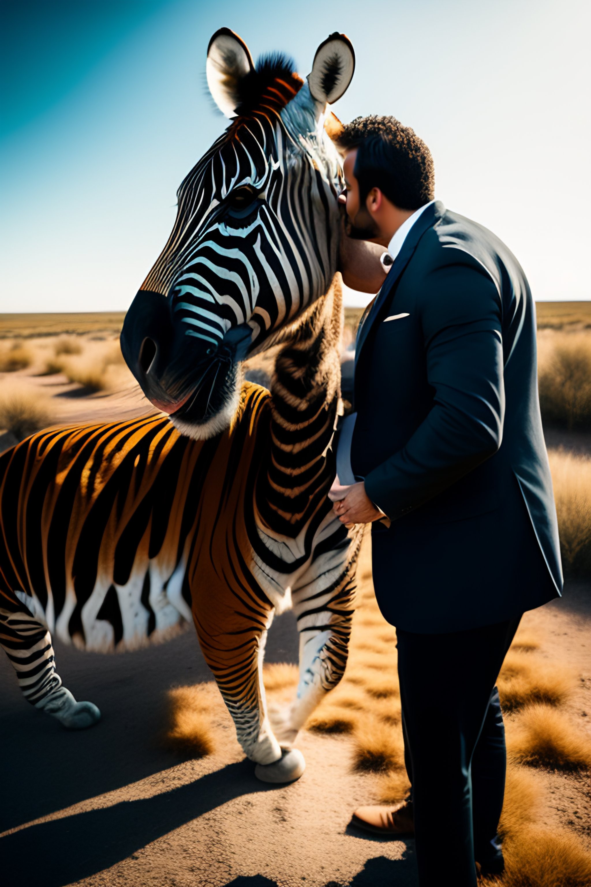 Lexica - Woman with zebra head giving high five to a man with a tiger head