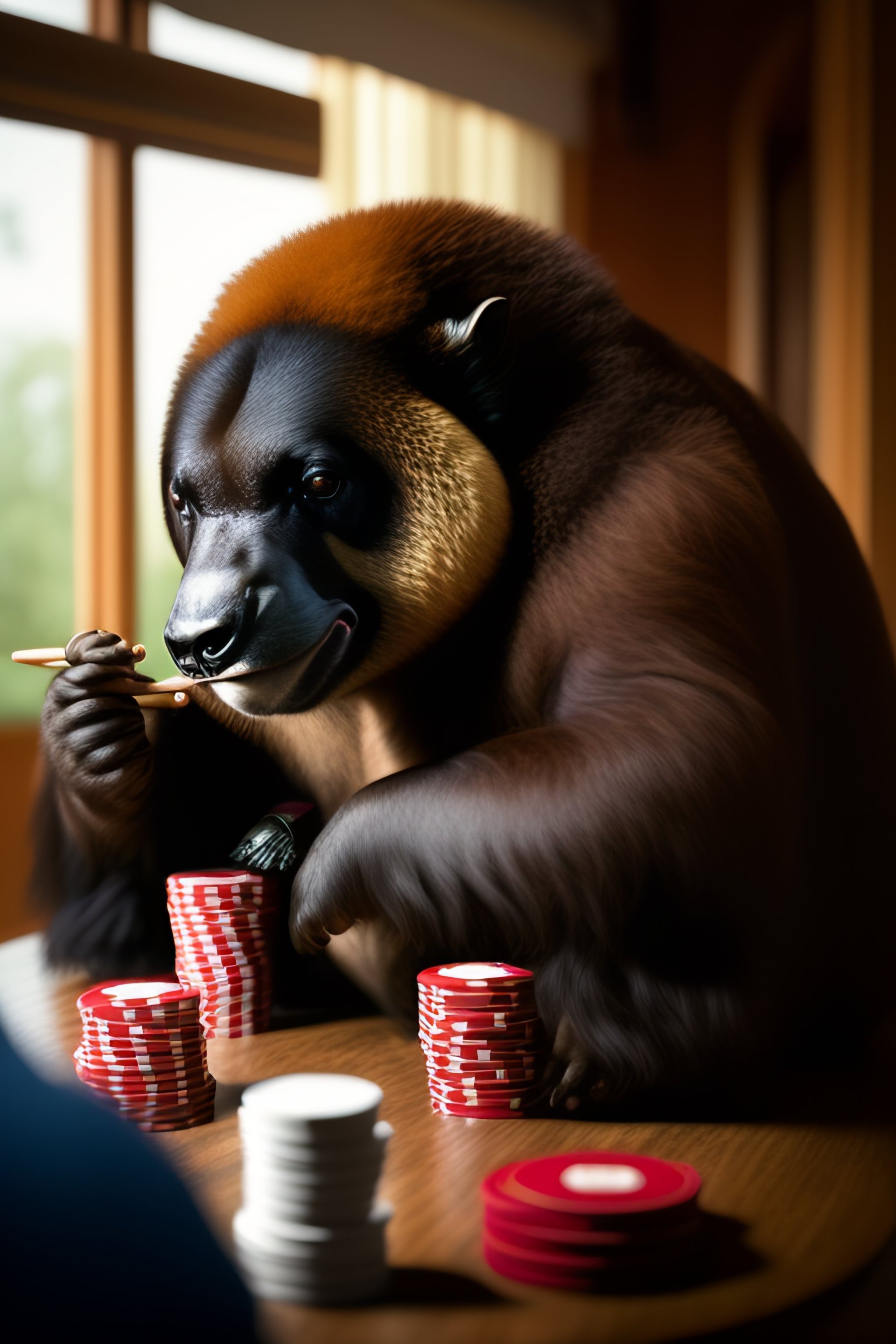Lexica - Buffalo playing poker against a cigar smoking sloth