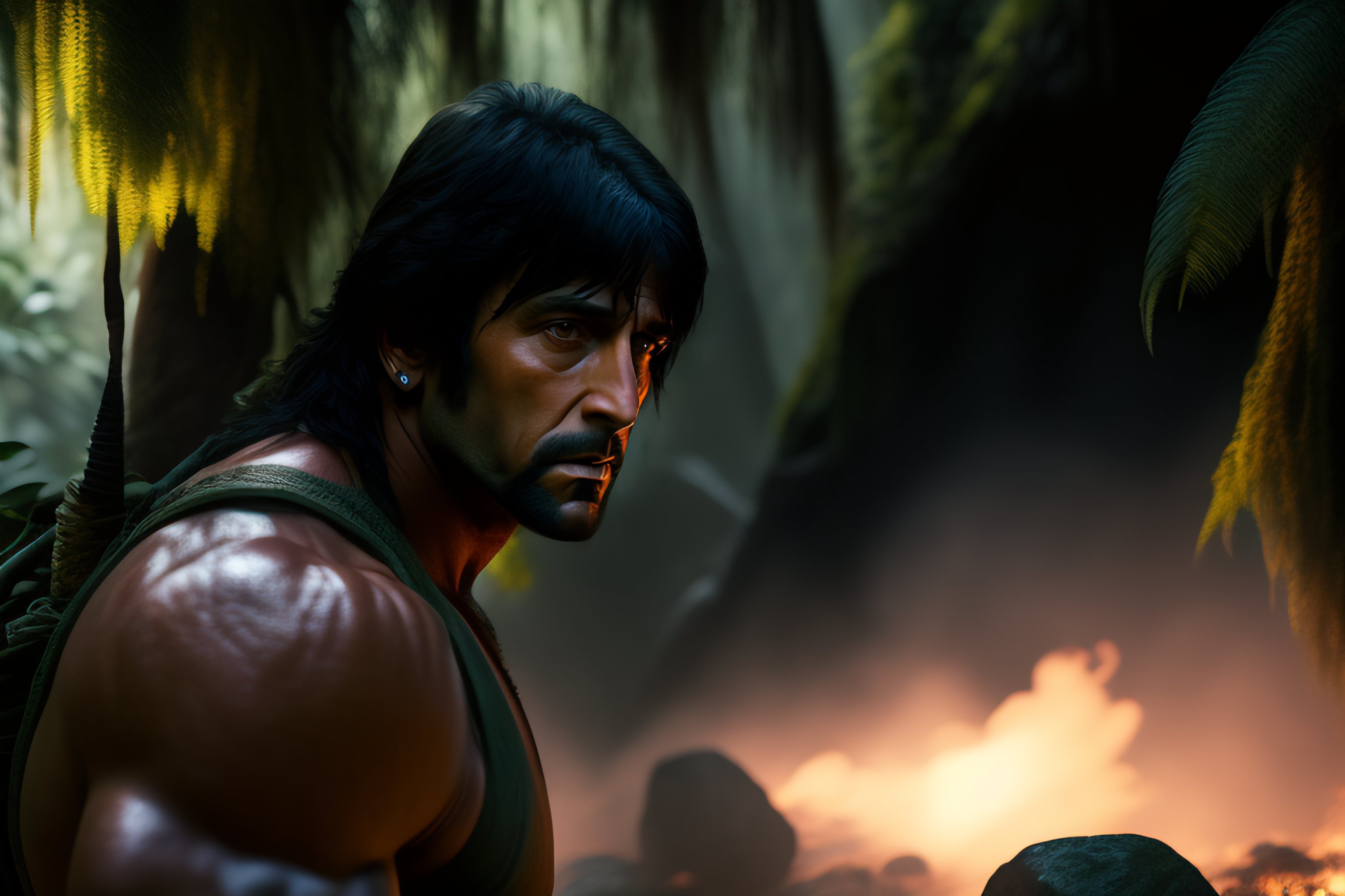 Lexica - Action shot of john rambo in a jungle, cinematic lighting ...