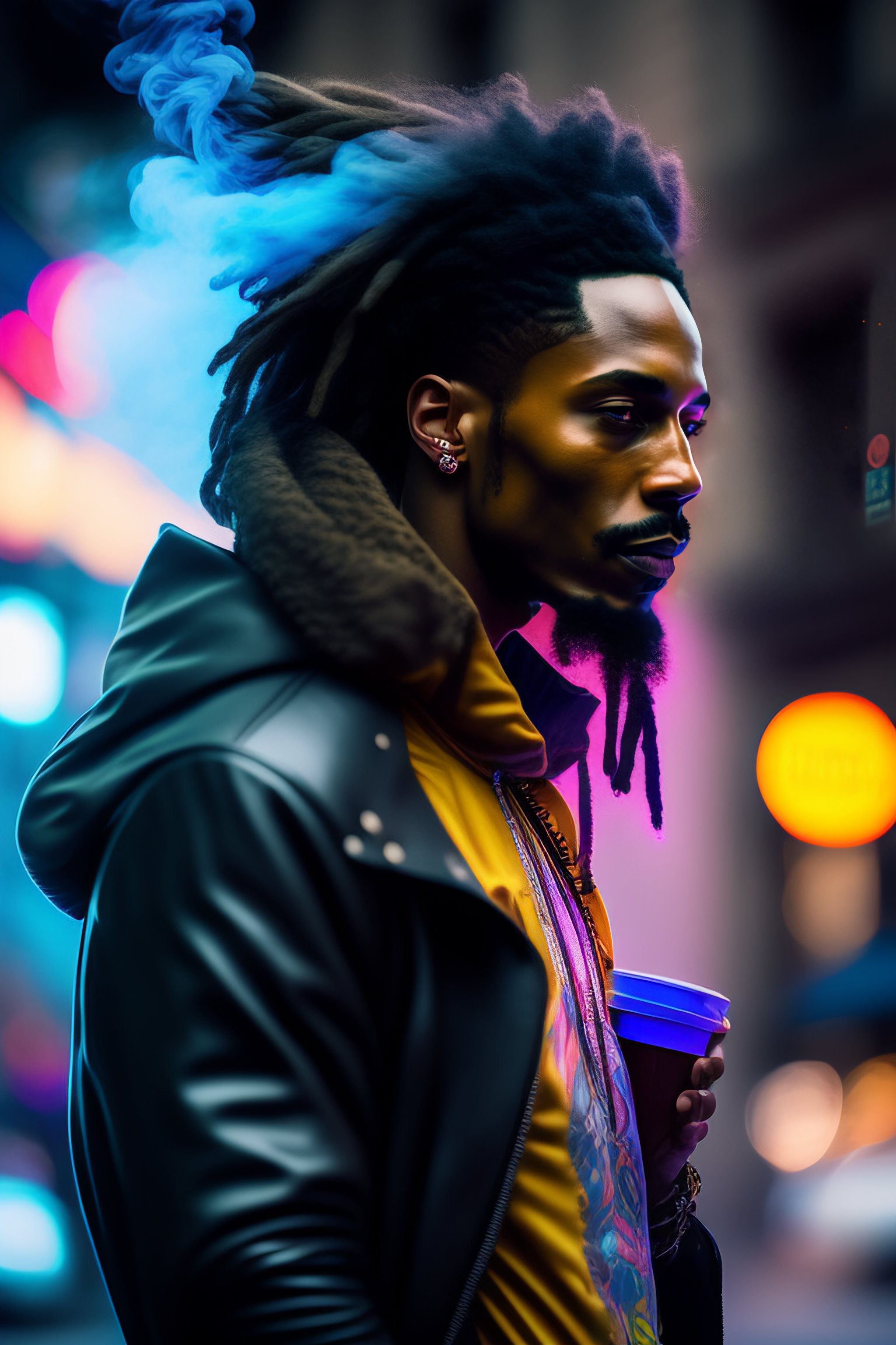 Lexica - Slow shutter speed photo of a cyberpunk bob marley with neon ...