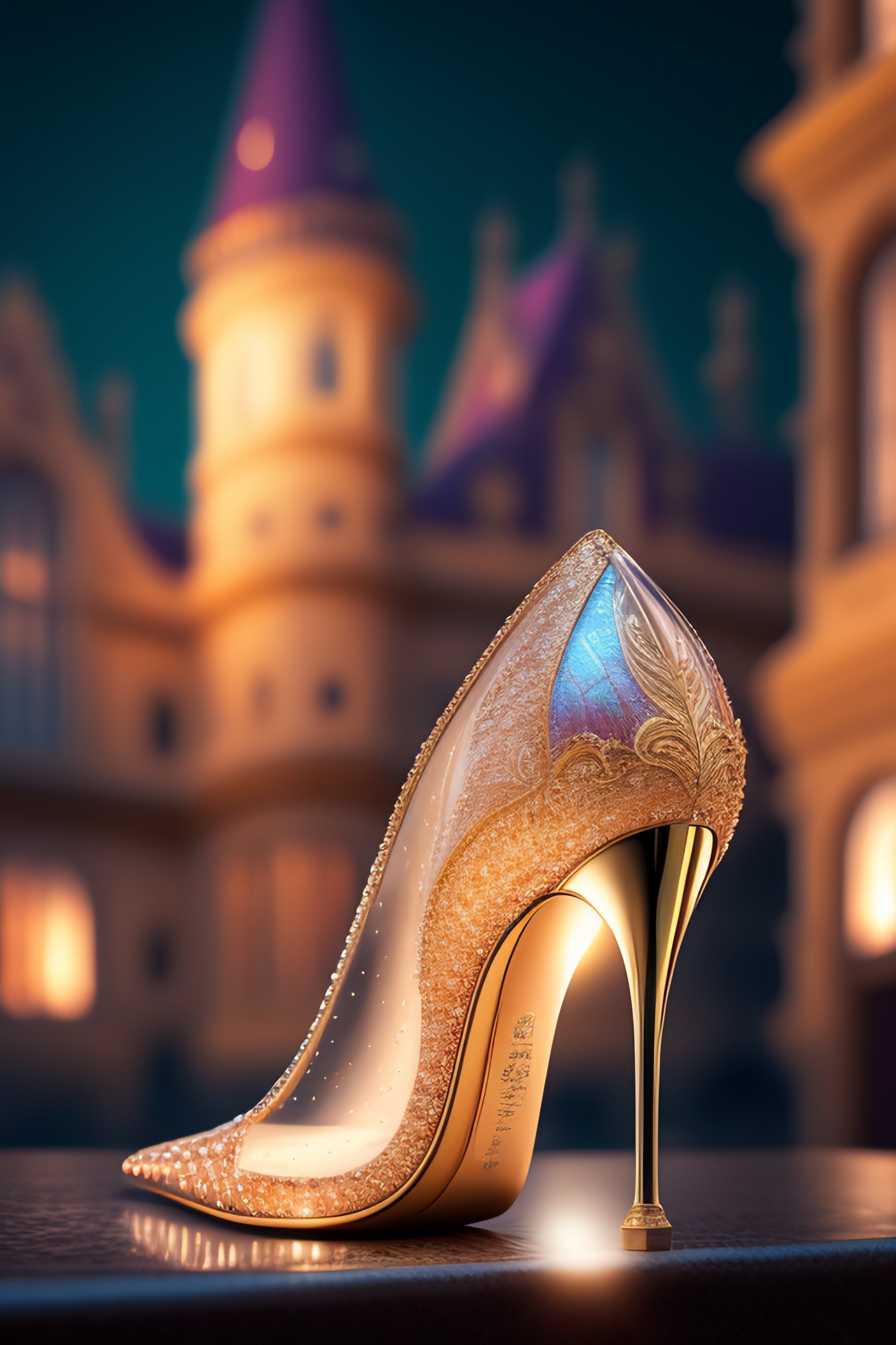 Lexica - Shiny clear intricate high heel shoe in front of a castle, 8k ...