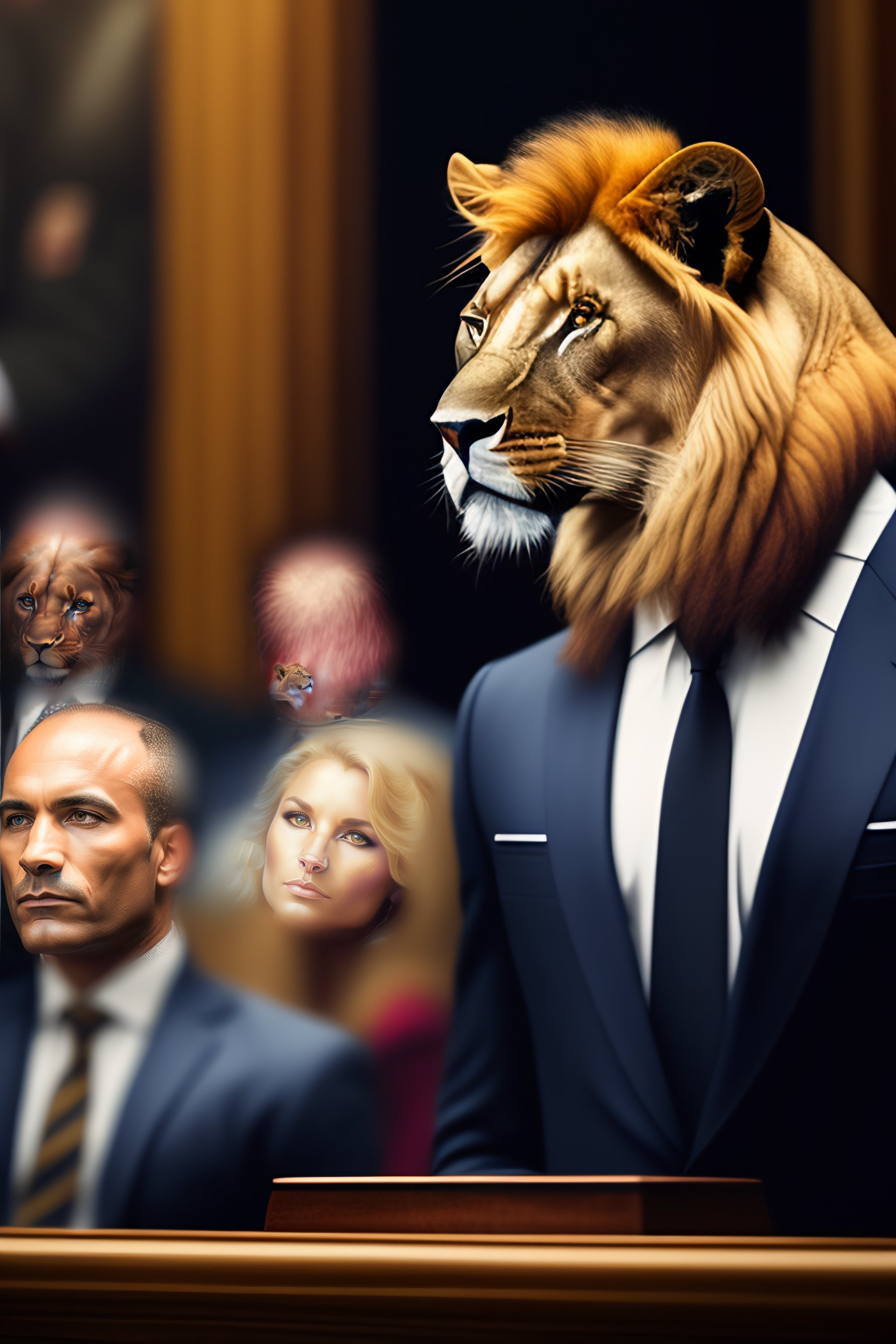 Lexica - Award-winning photo of a lion lawyer in court, navy blue suit ...