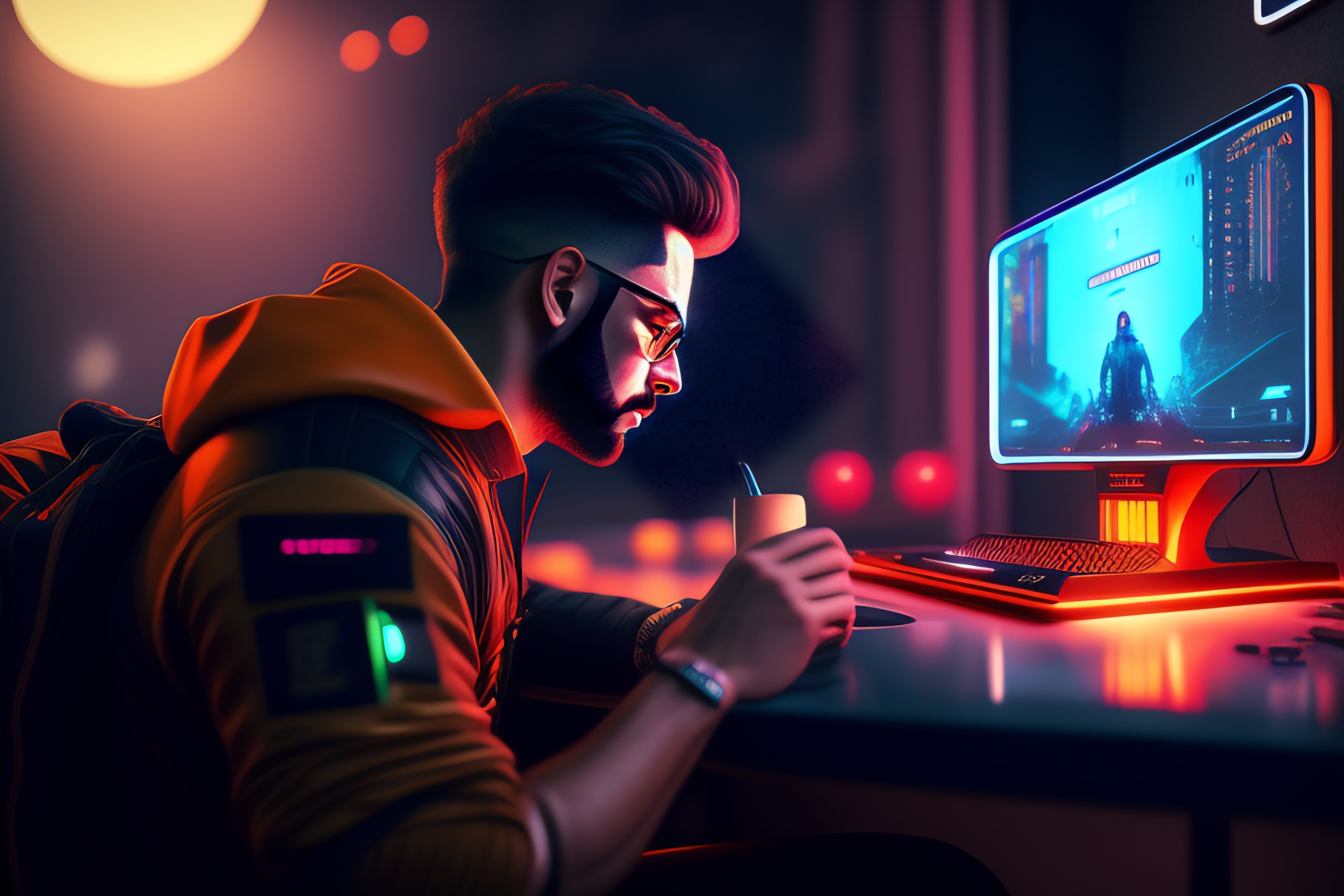 Lexica - Realistic successful man typing on laptop in gaming room ...