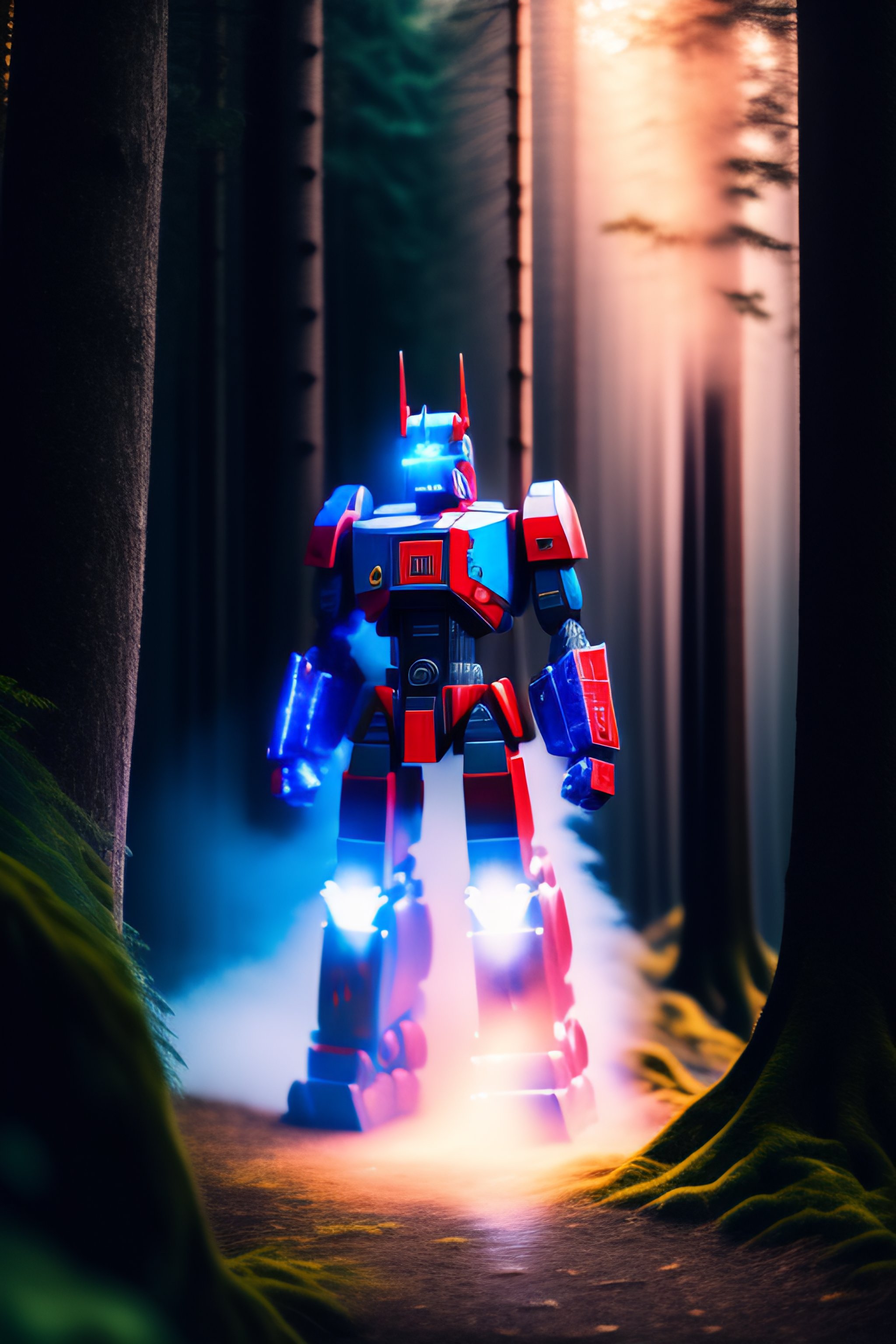 Lexica - Photography of optimus prime in action pose in the forest with ...