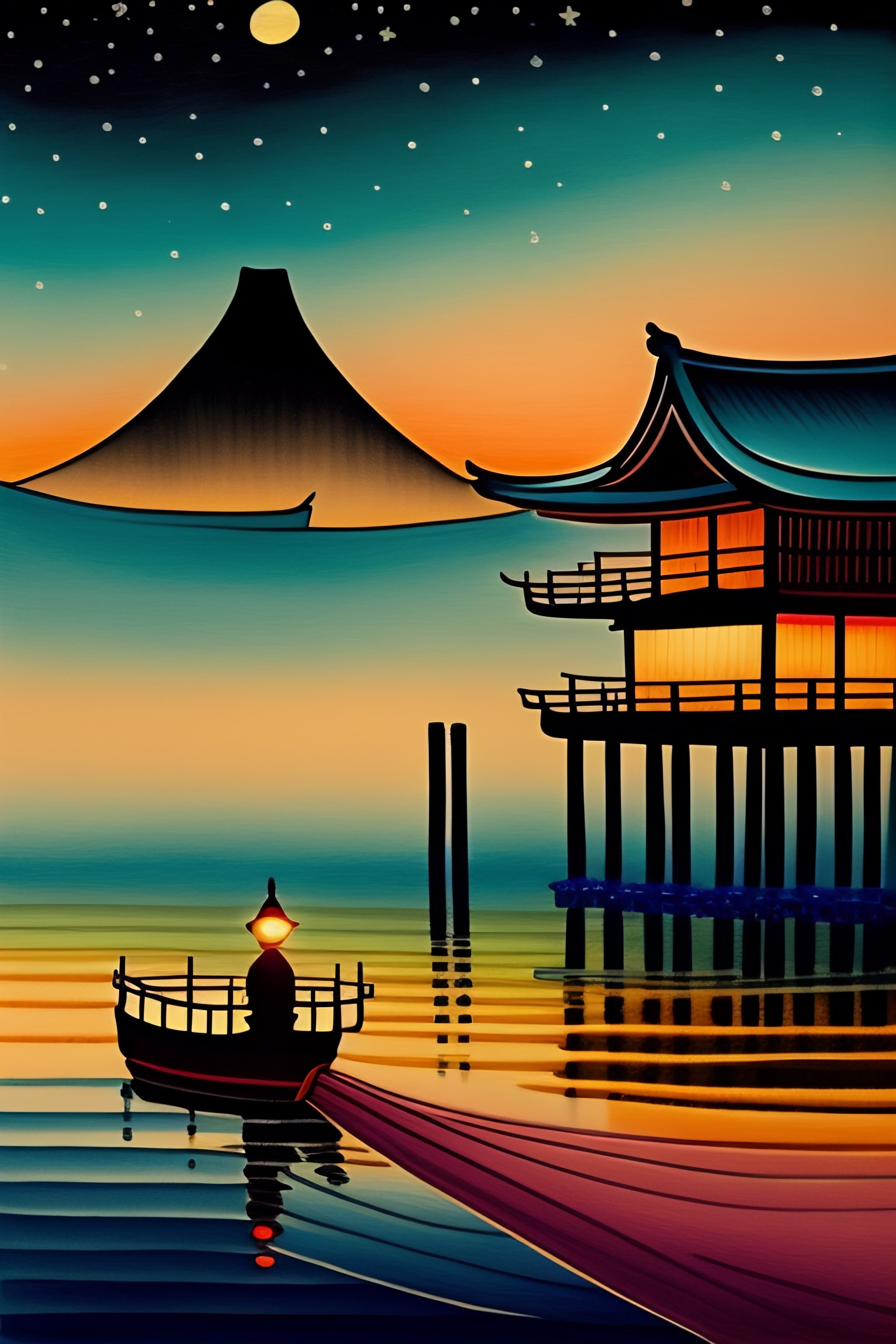 Lexica - Color line drawing of fisherman in night port, japanese style ...