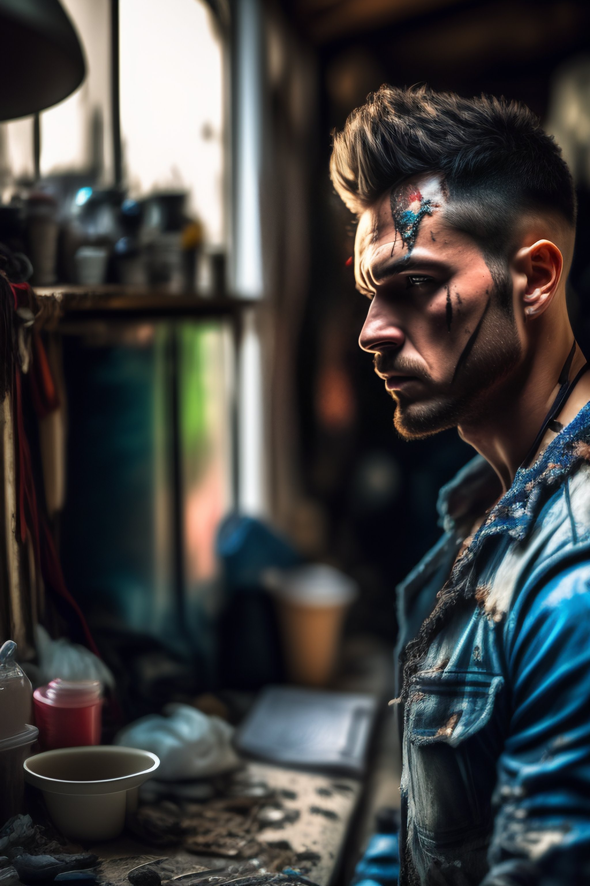 Lexica - Wide angle Environmental shot of evil Cyborg in a cluttered ...