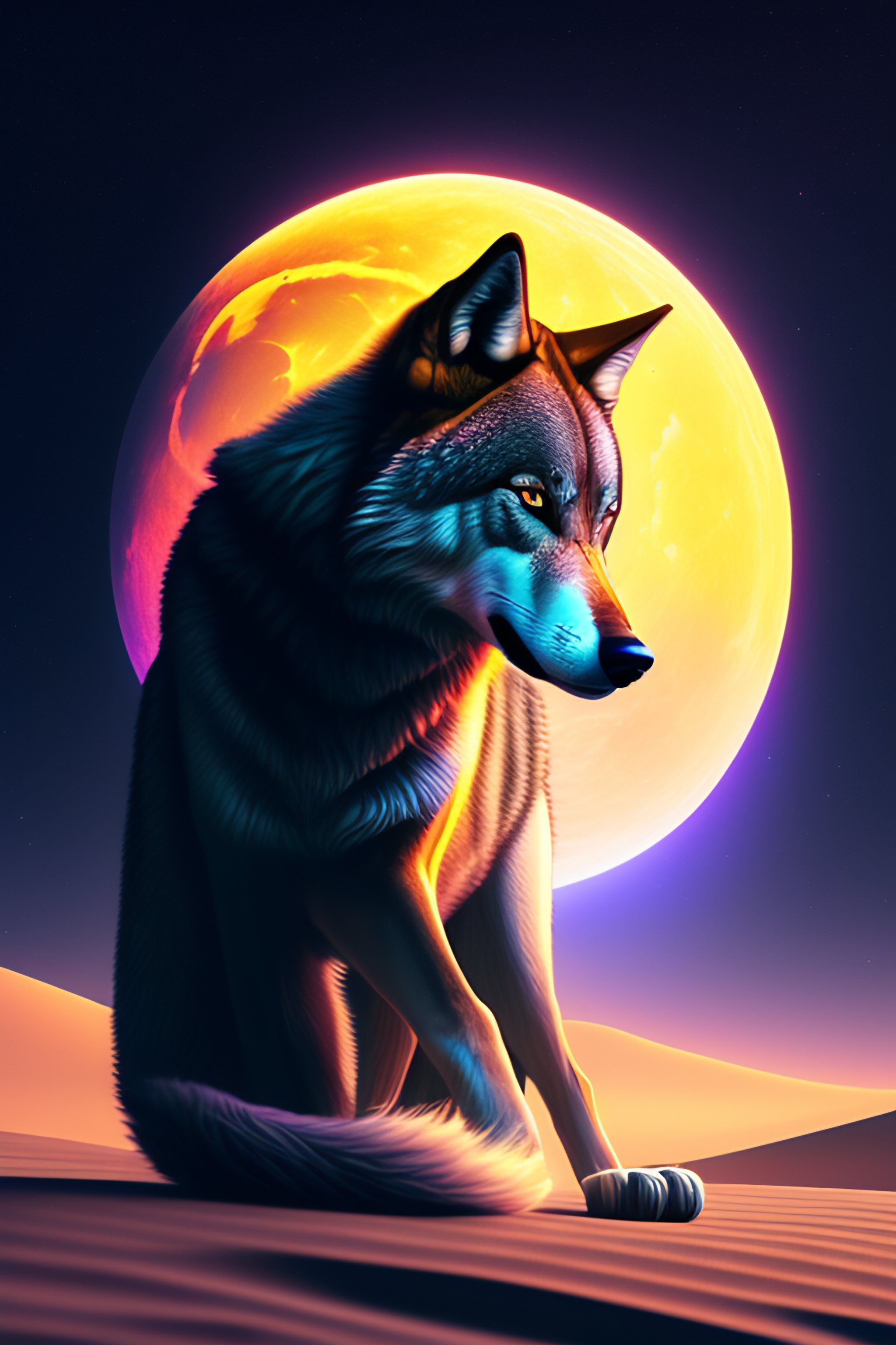 Lexica - A robotic wolf with vibrant lighting, sitting on the moon ...
