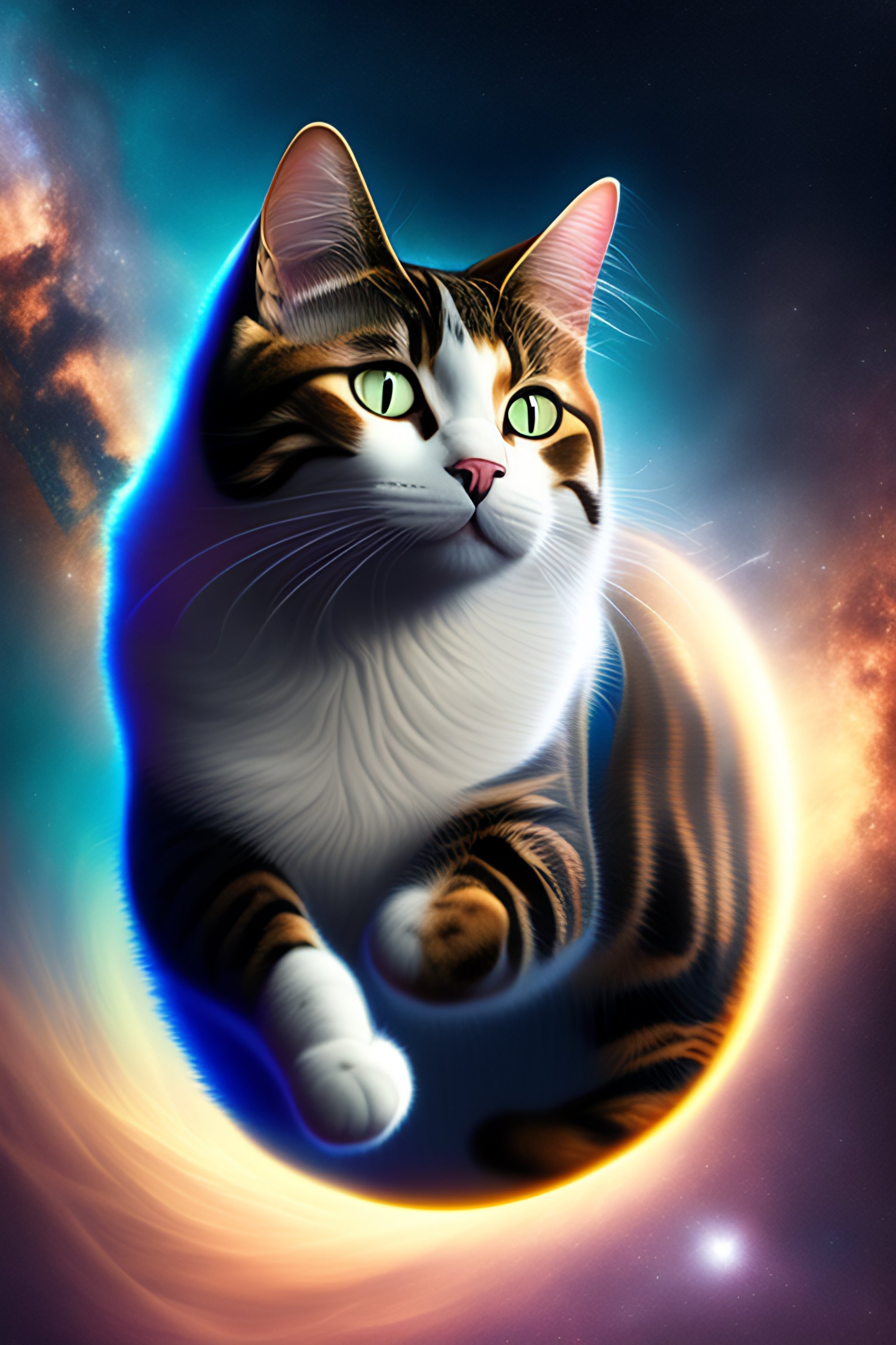 Lexica - Realistic image of a cat meditating and flying through space