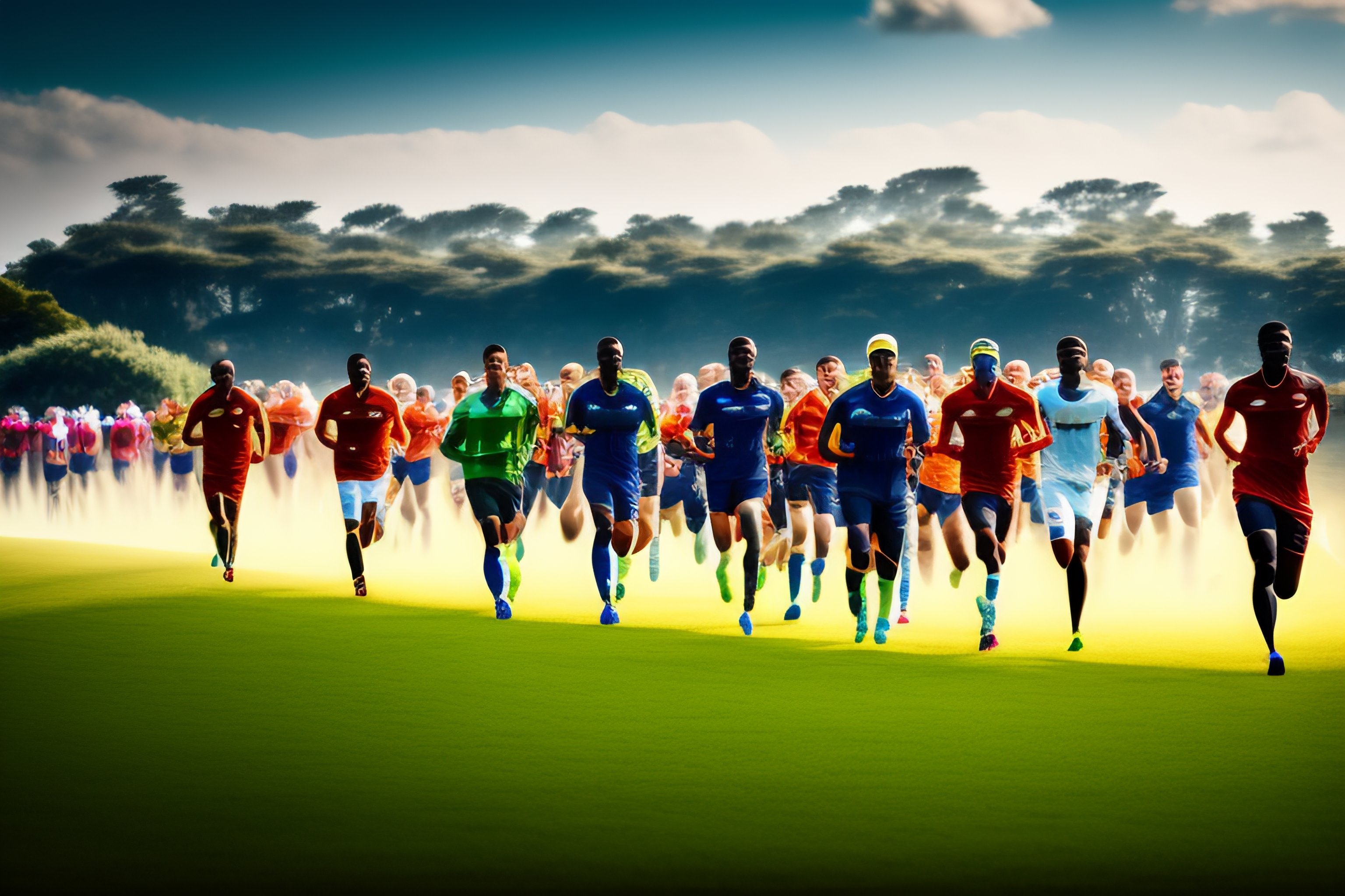 Lexica - Background full of men and wome chasing, front view, grass ...