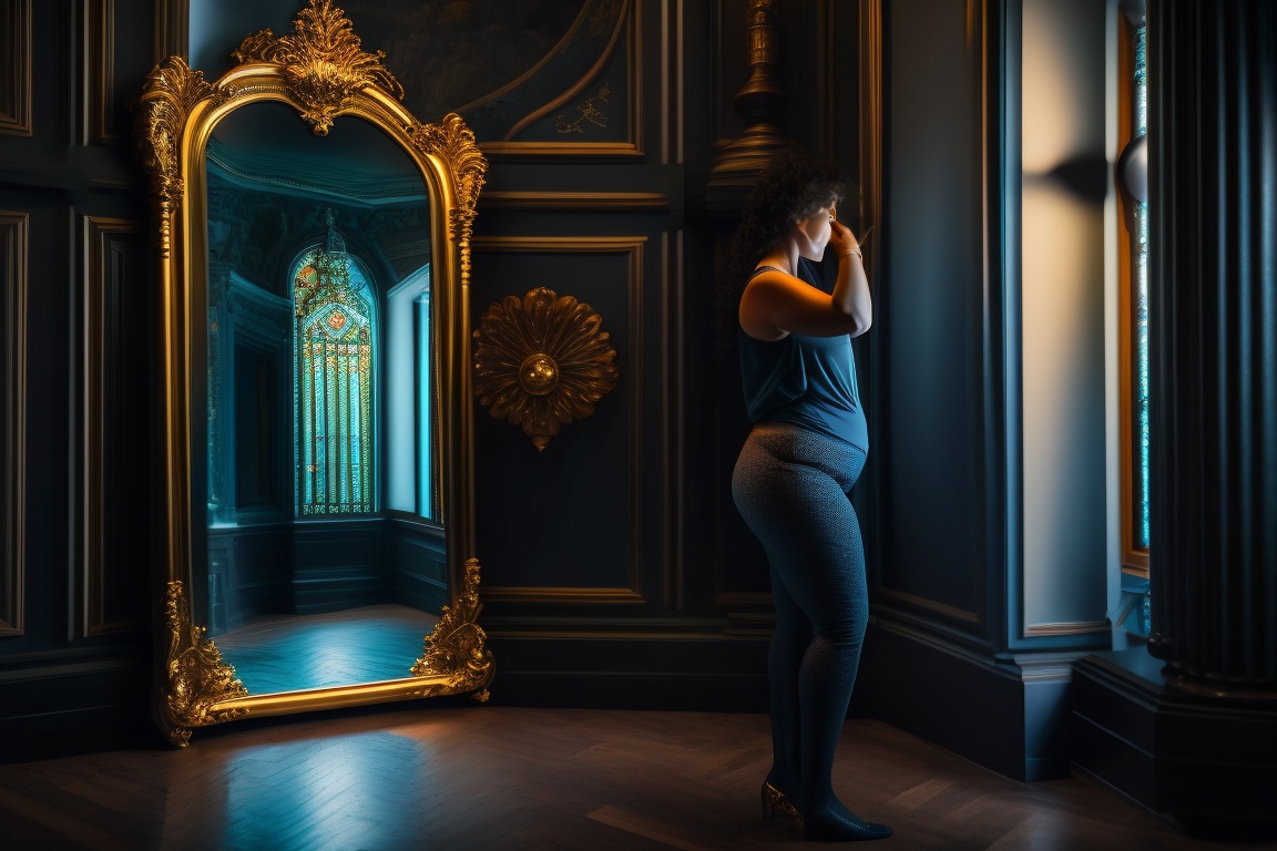 Lexica - An ornate, full-length mirror in a dimly lit room. The ...
