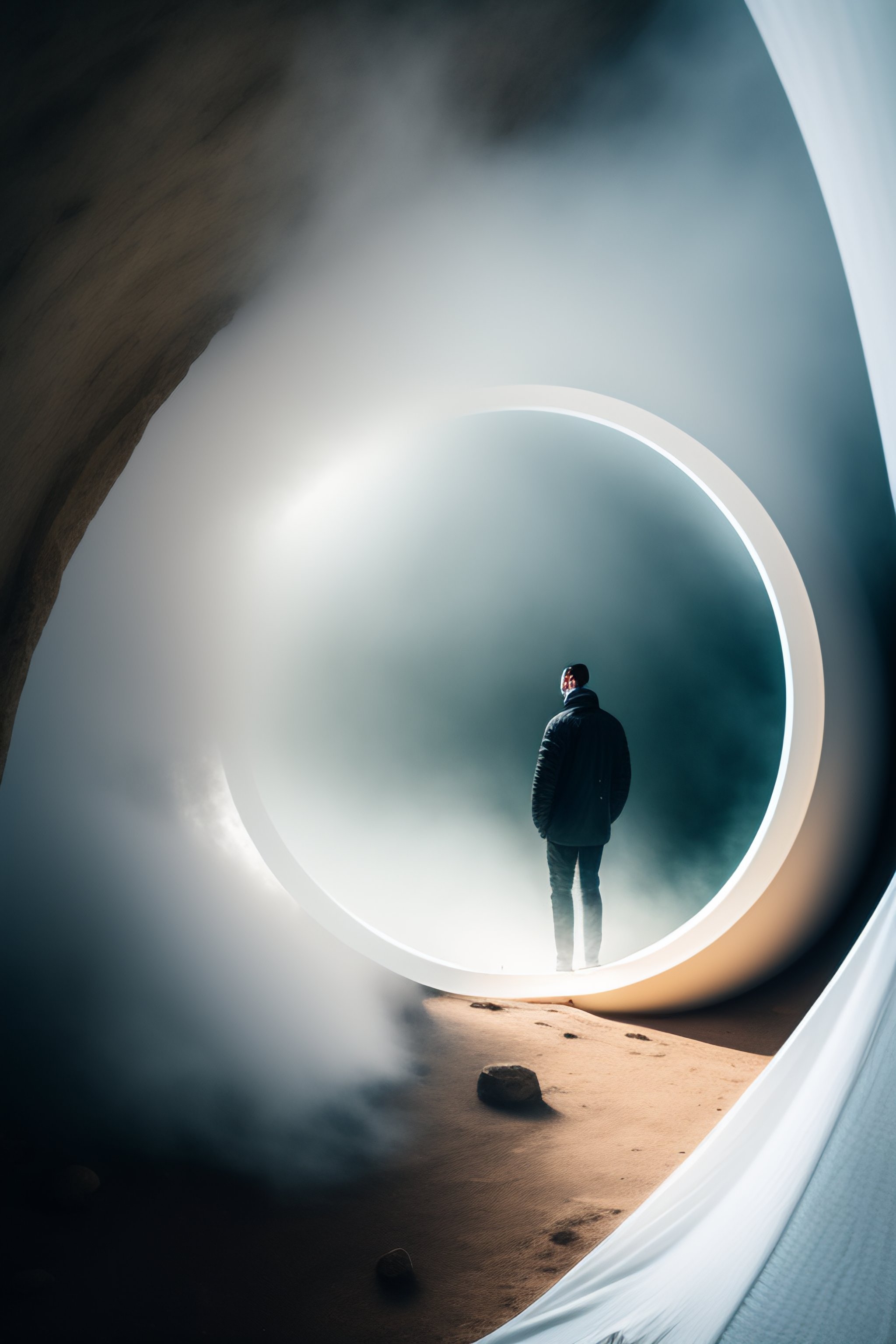 Lexica - Man inside the white foggy circle cocoons