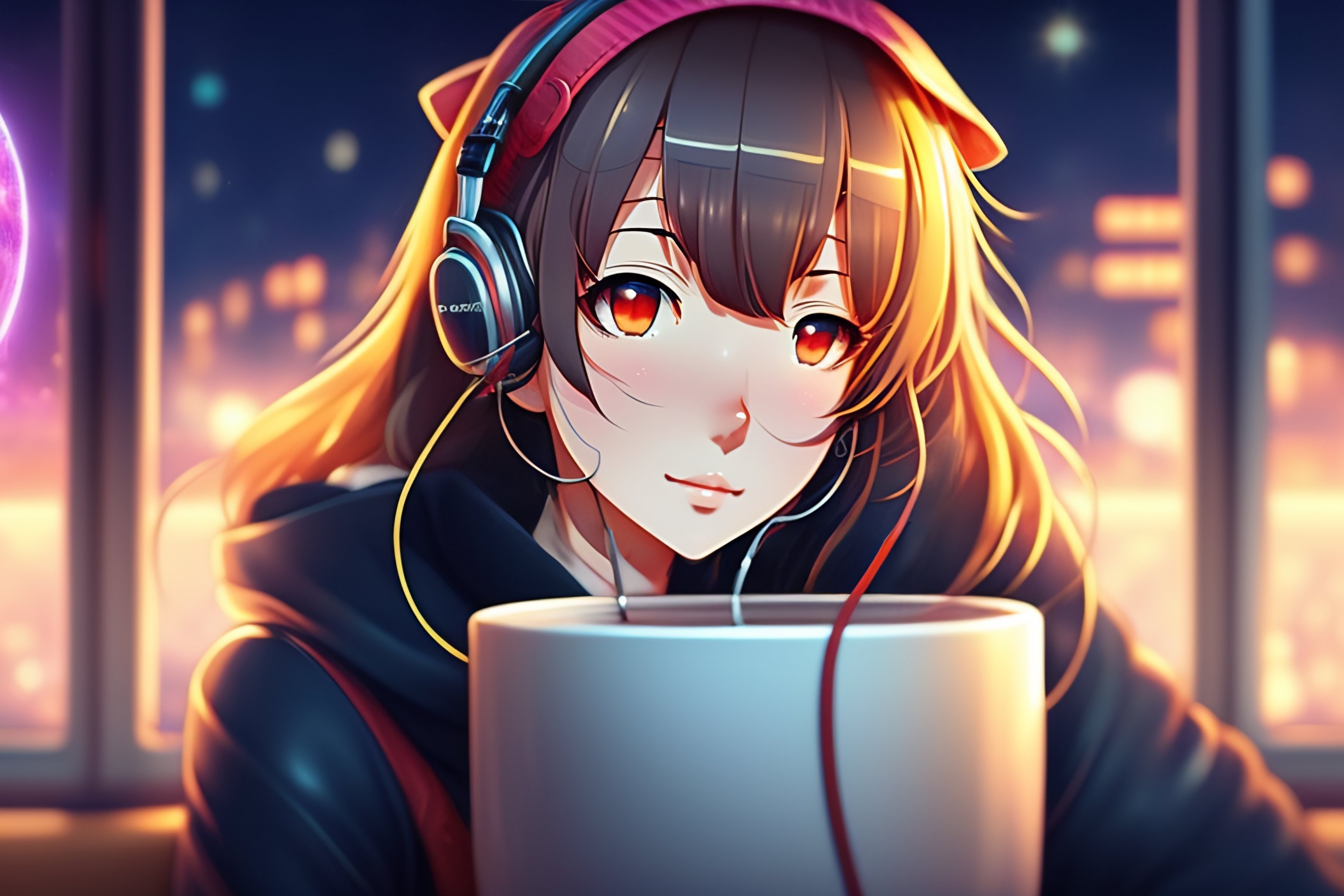 Lexica - Anime girl listen music reading drink coffe in the night