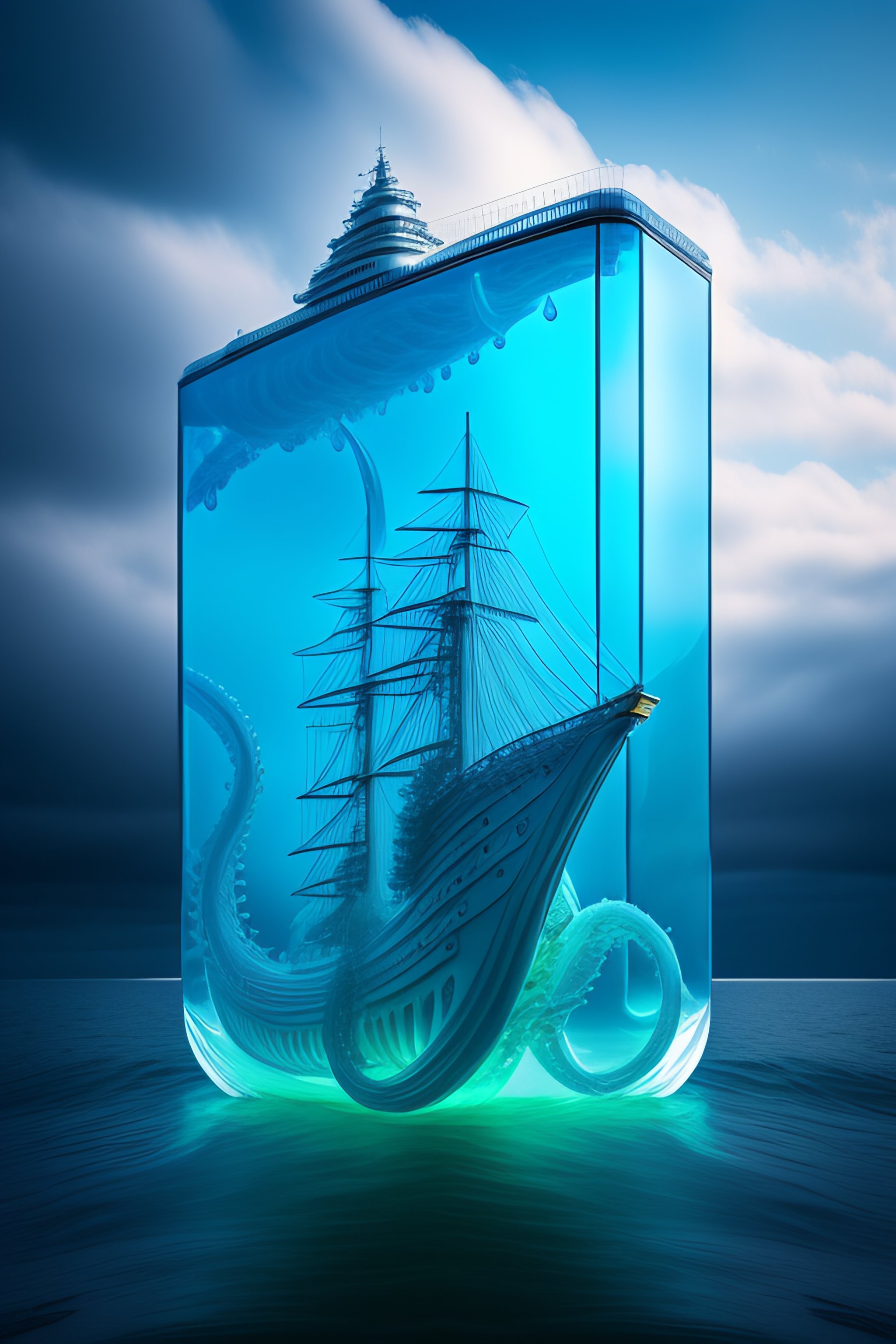 Lexica - An bluish transparent glass statue of a kraken attacking a wokden triple decker ship in ...