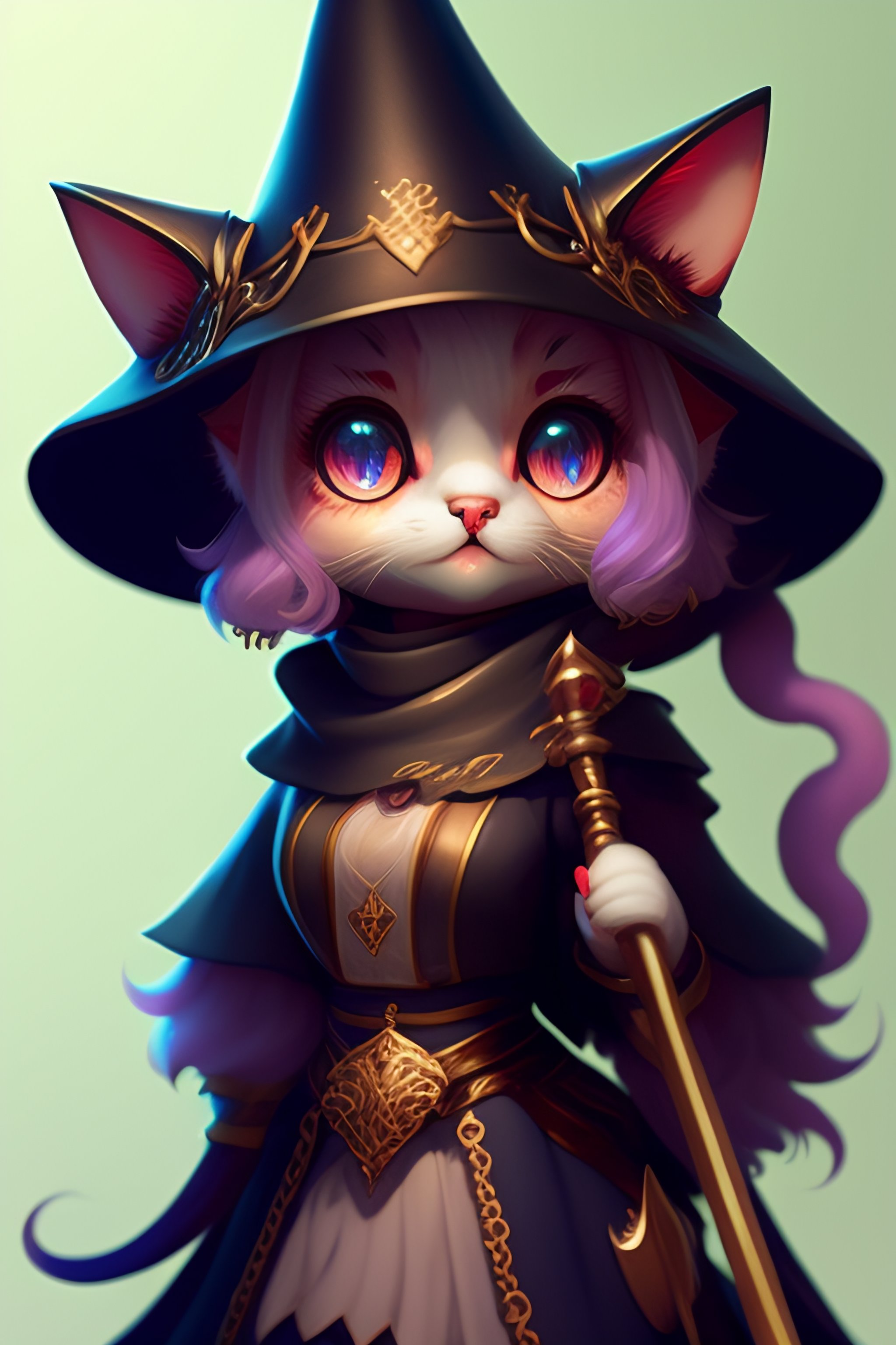 Lexica - Closeup of a cute cat witch with staff cloack and pack, D&D ...