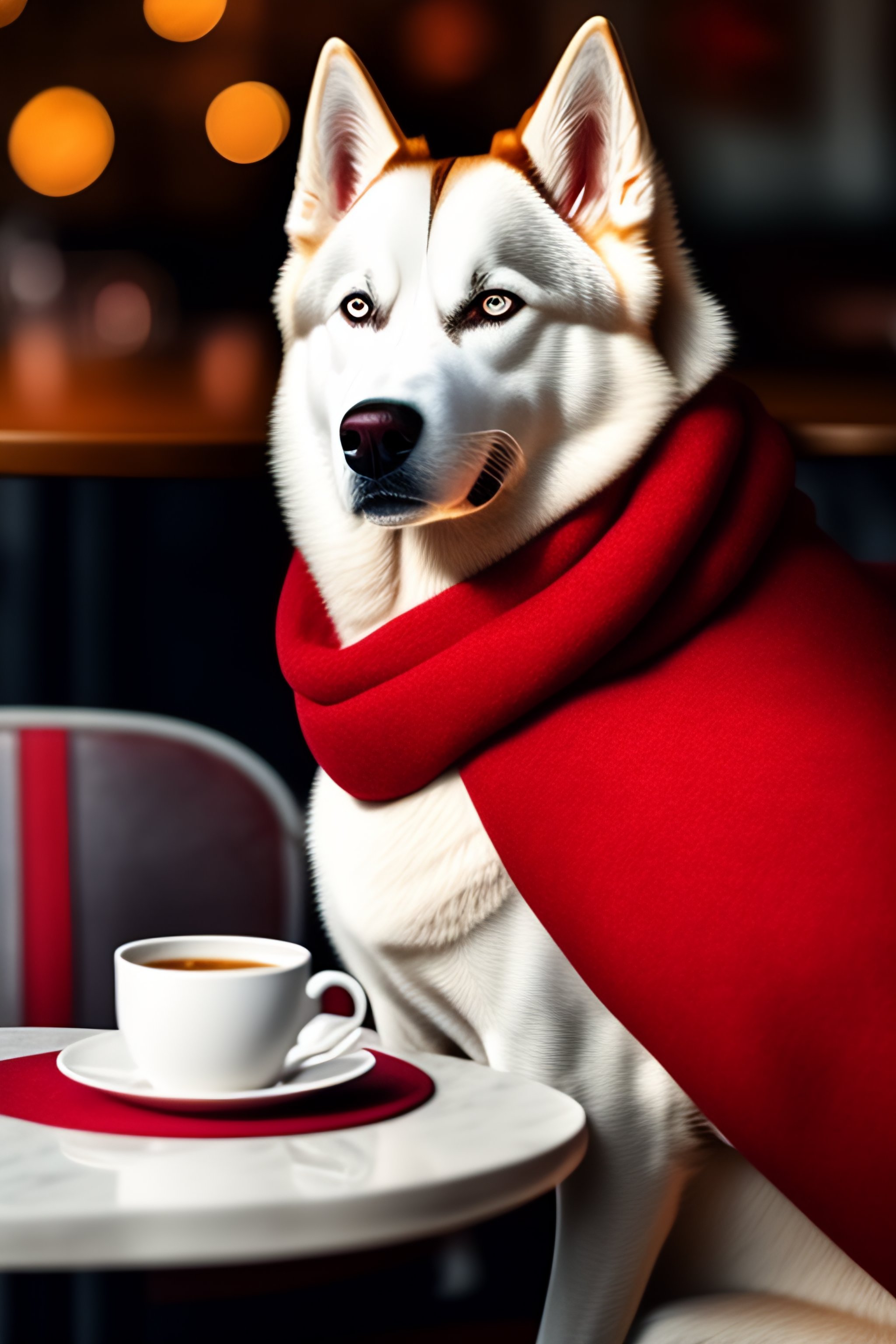 Lexica - White siberian husky wearing red glitter scarf sitting in a ...