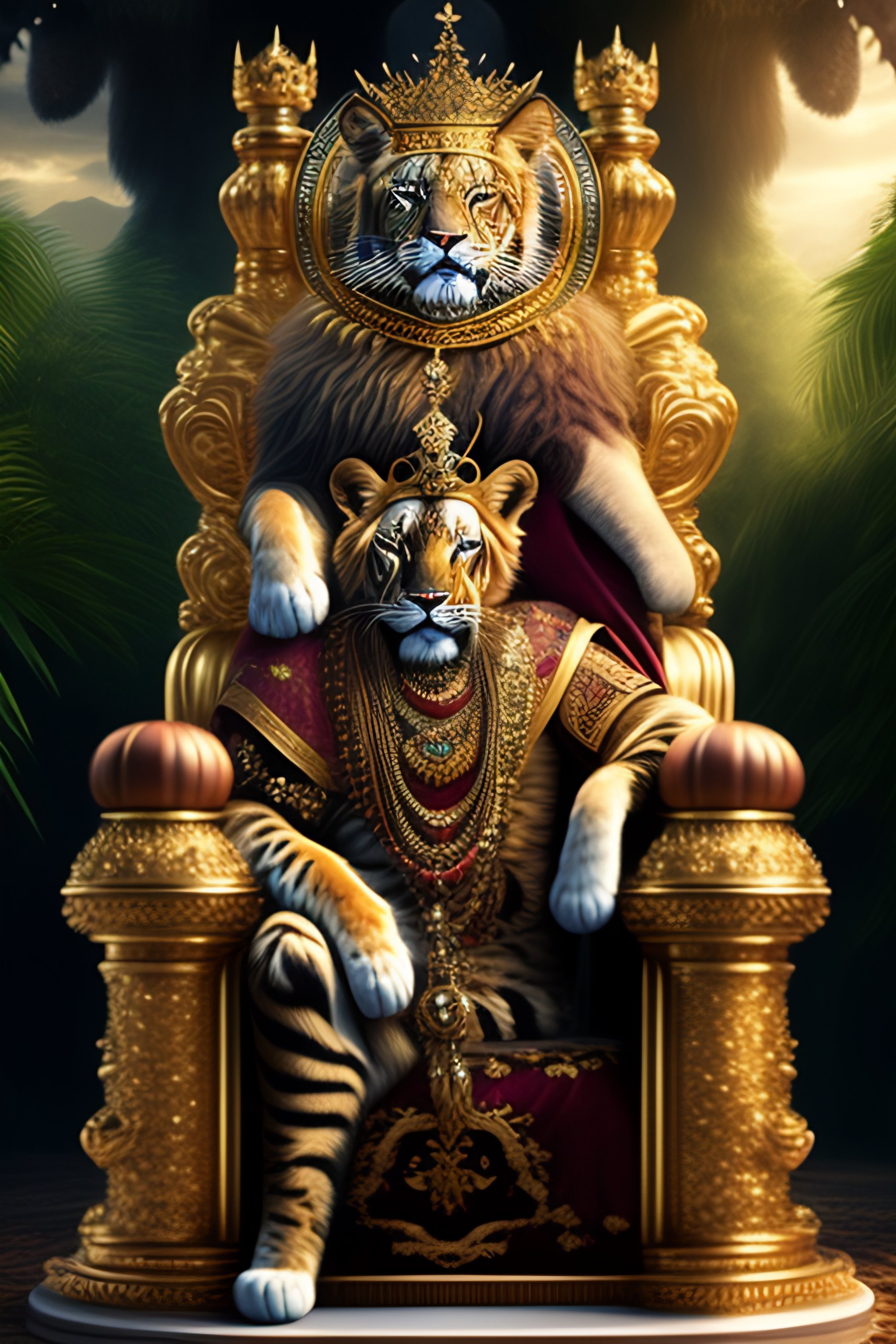 Lexica - King Cat sitting on throne, with crown, in jungle, lions ...