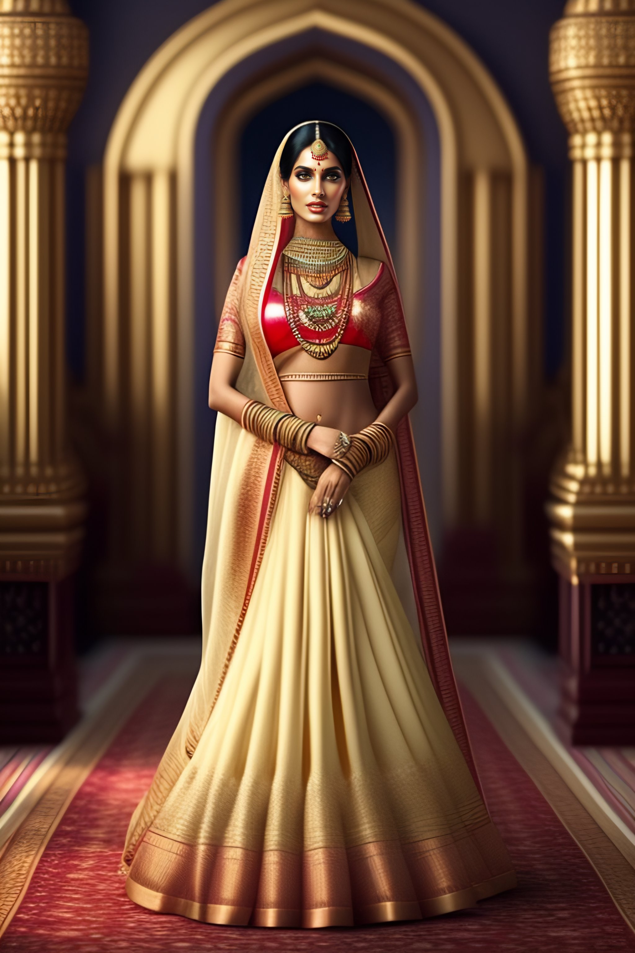 Lexica - Beautiful indian princess standing in the palace bedroom with veiled clothing. Stomach ...