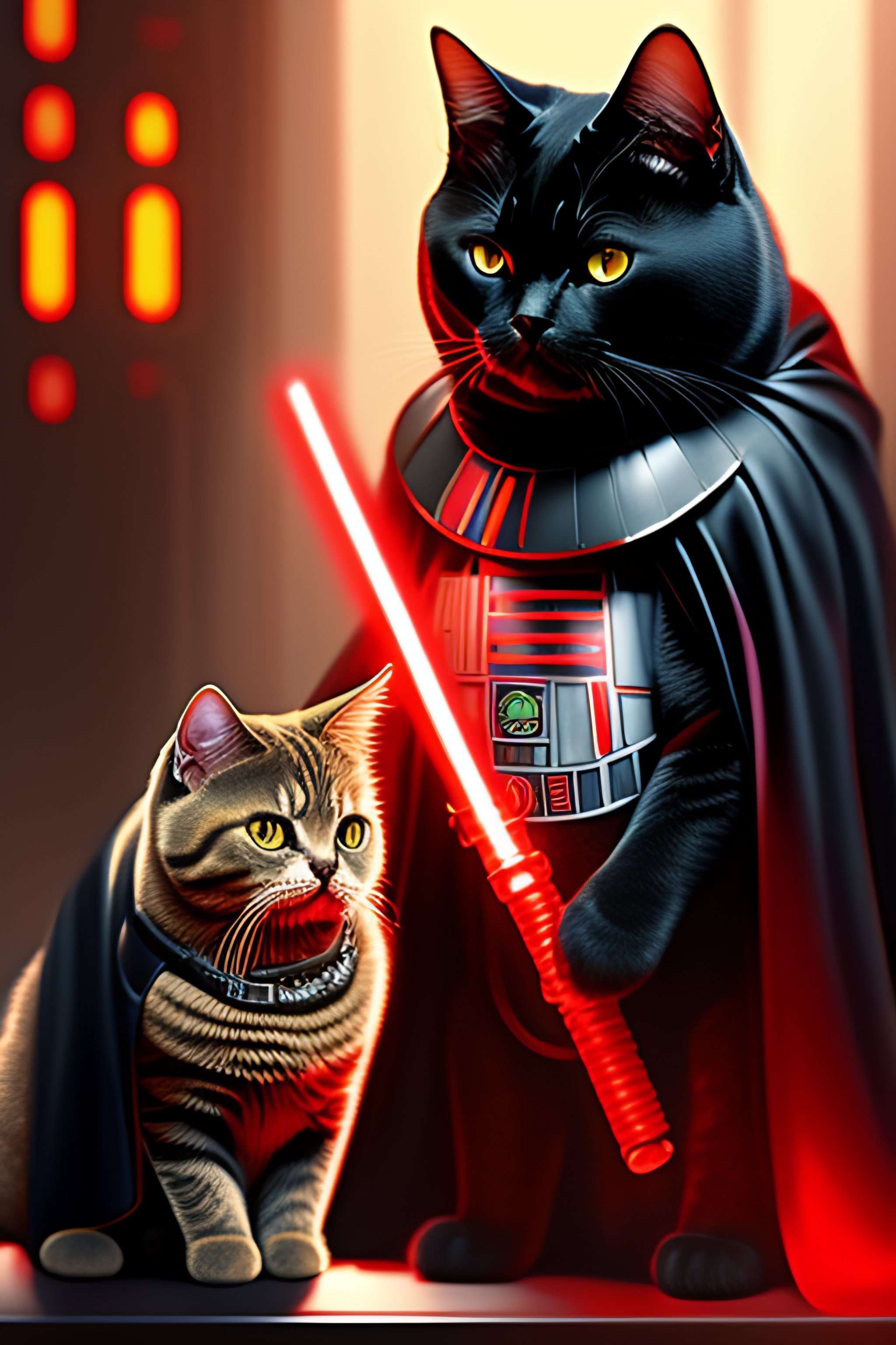 Lexica - Star Wars scene artificial intelligence a british shorthair cat wearing black sith ...