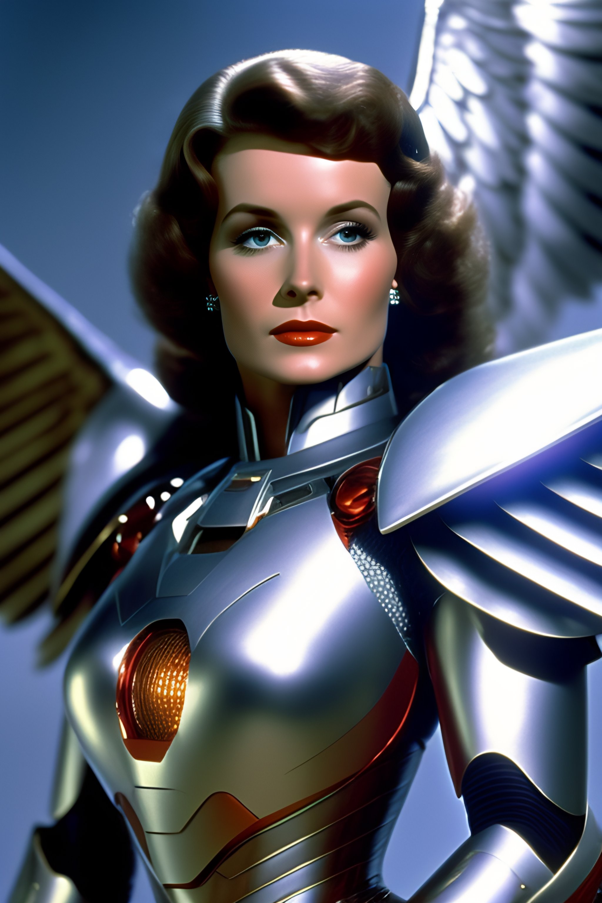 Lexica - Young Diane Rigg, angel, robot wings, halo, armor, metal, iron ...