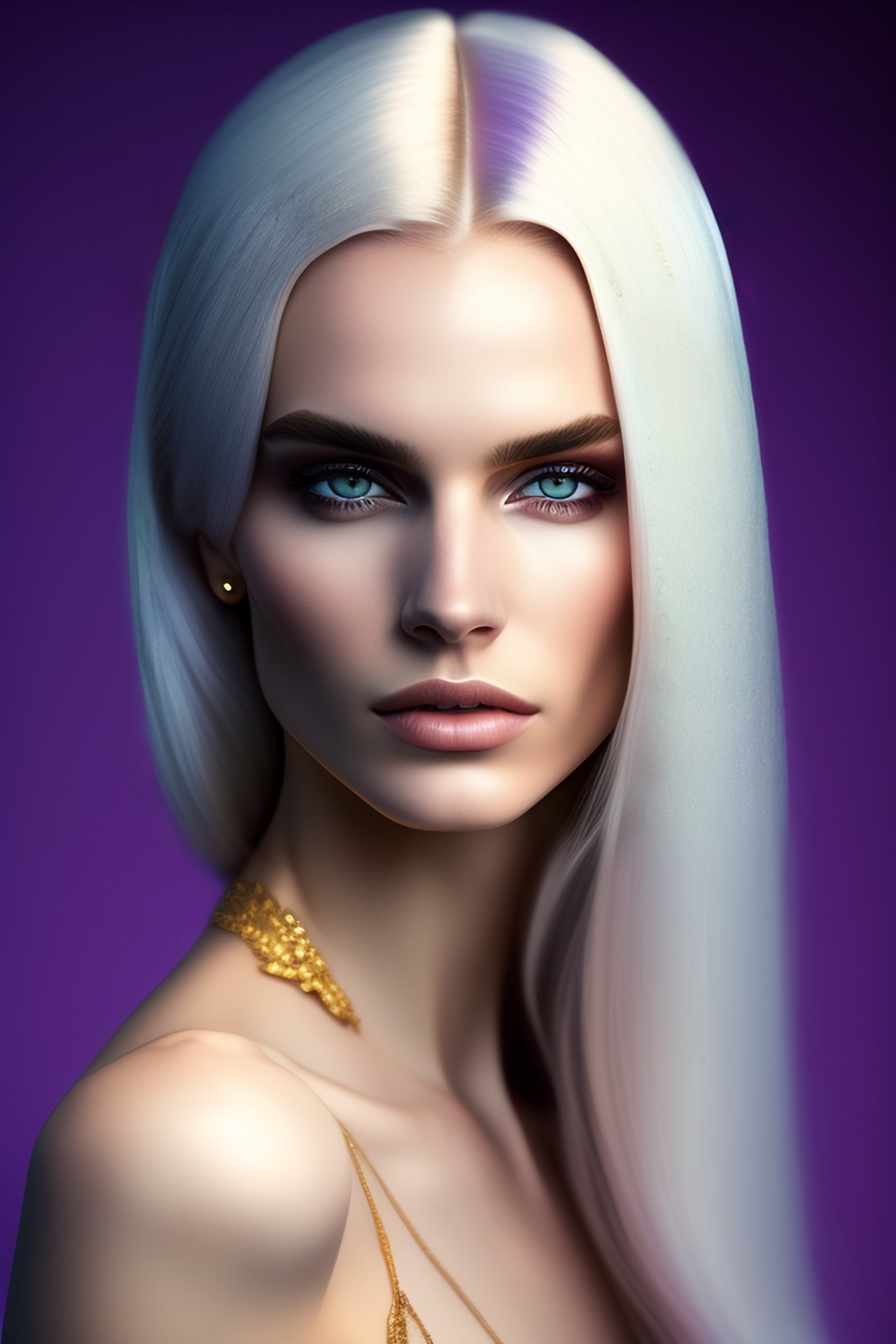Lexica - A woman with violet eyes, pale skin, and long, pale silver ...