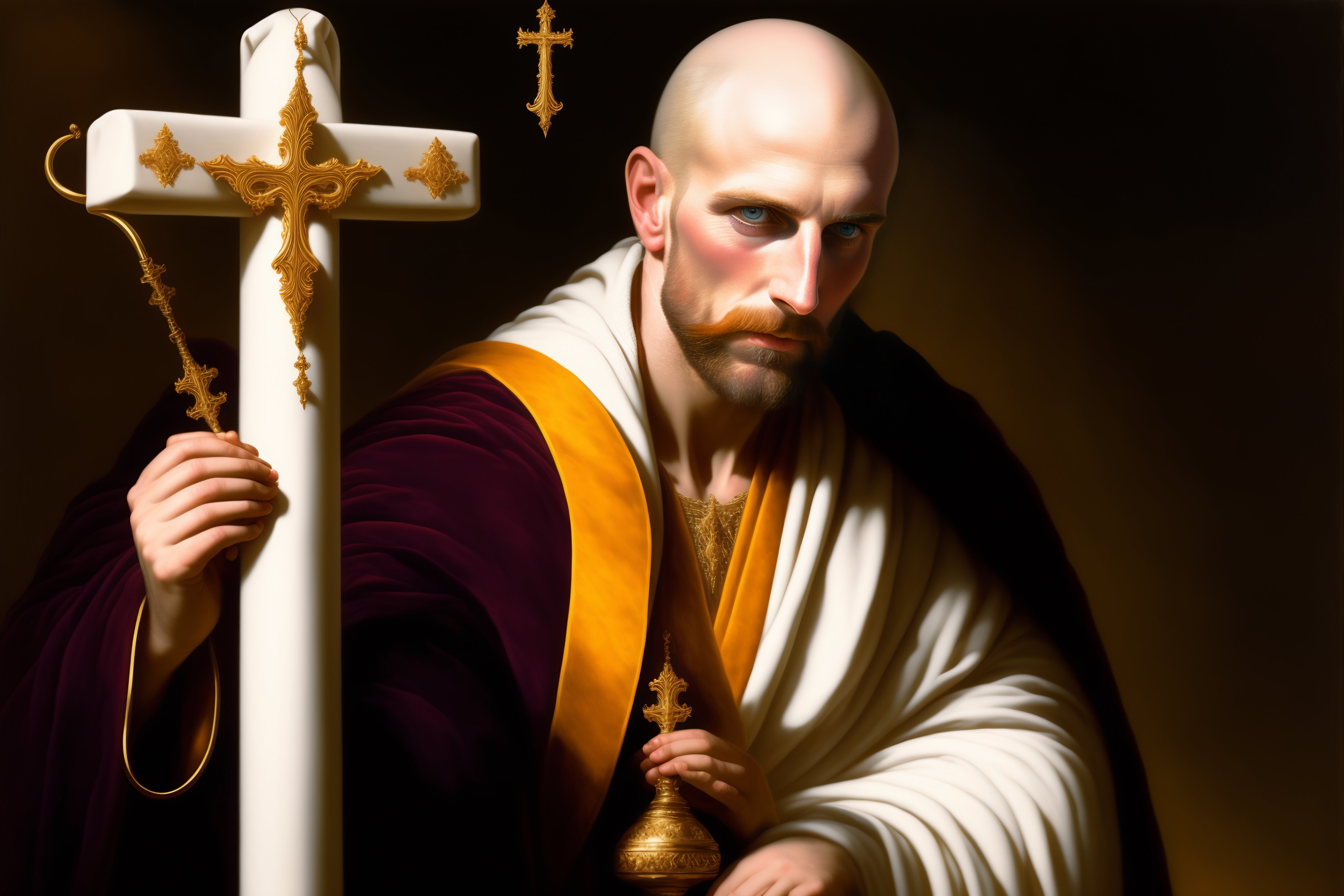 Lexica - White Monk in dark robes hold a white snake on the cross