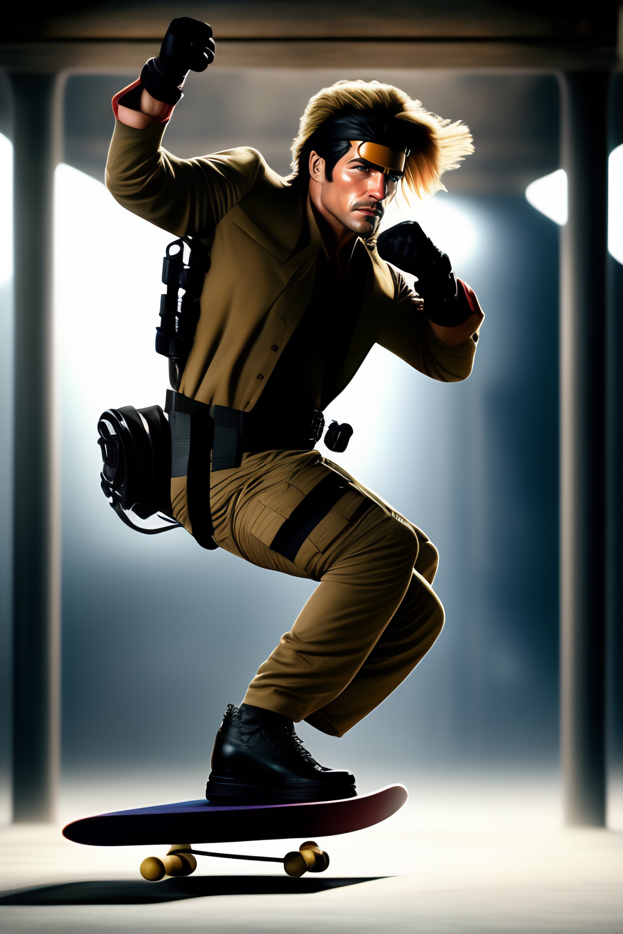 Lexica - Action shot of Solid Snake doing a skateboarding trick while ...