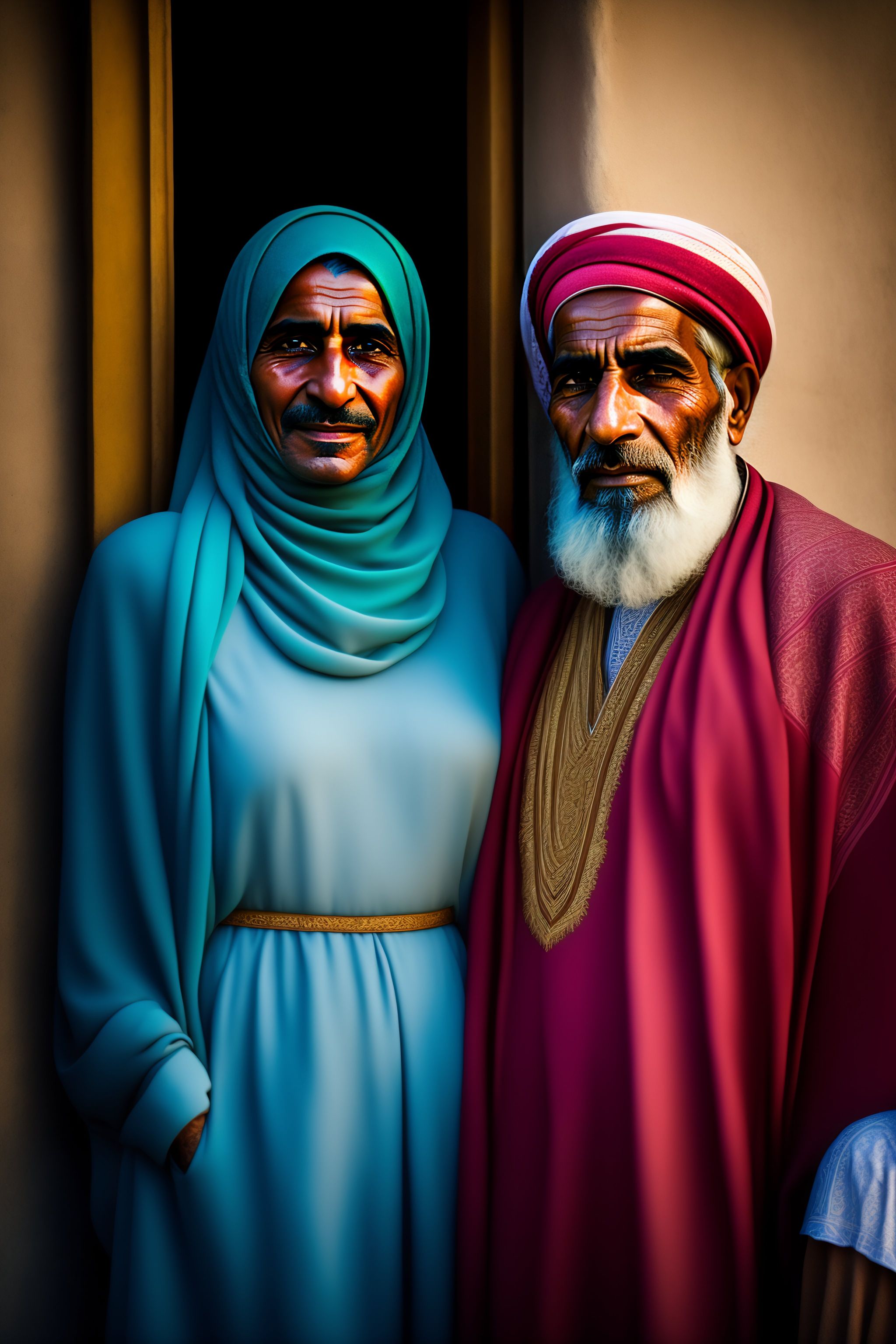 Lexica - Portrait Iranian poor muslim man and woman in mosque street