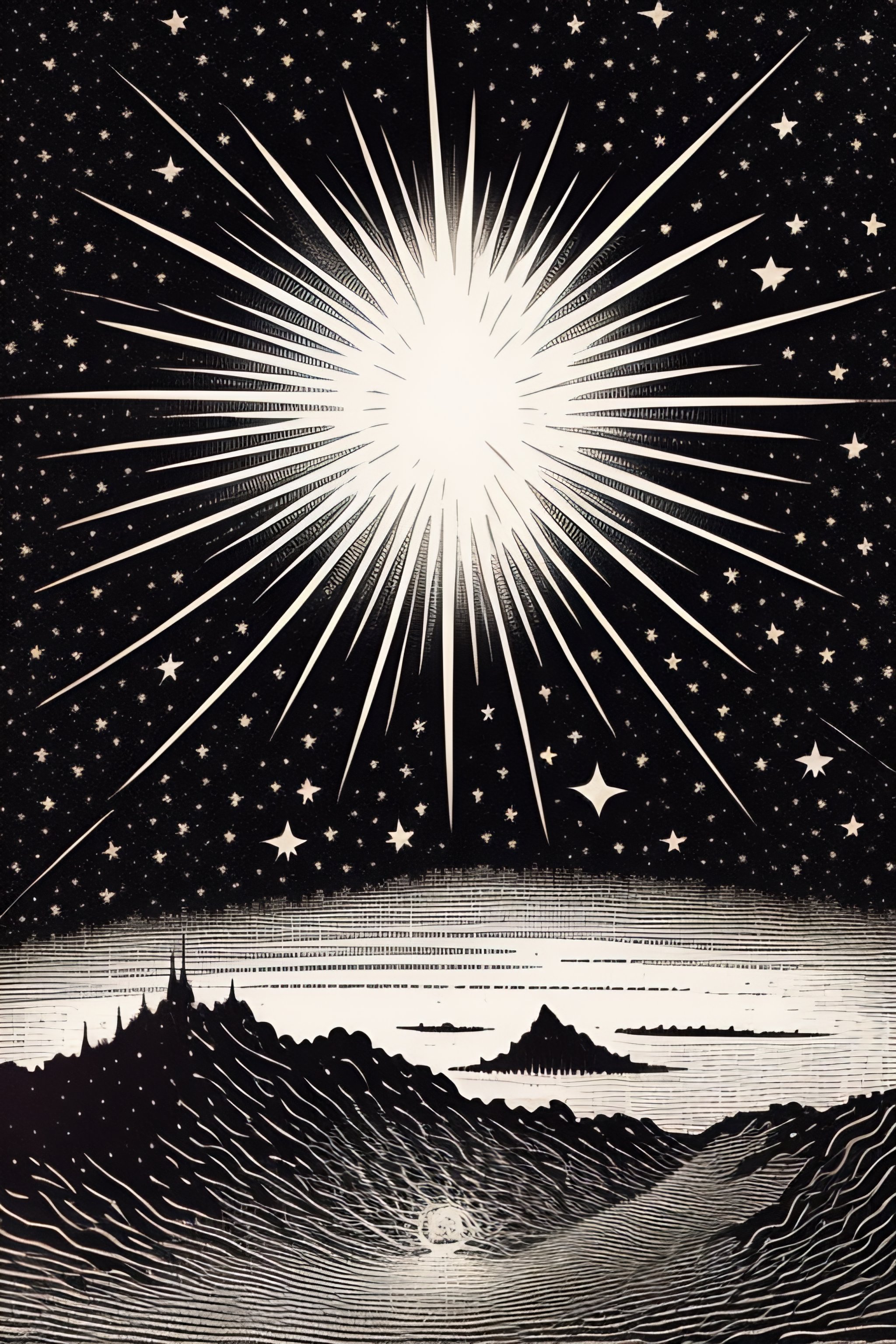 Lexica - A beautiful and detailed woodcut of a burning star falling ...