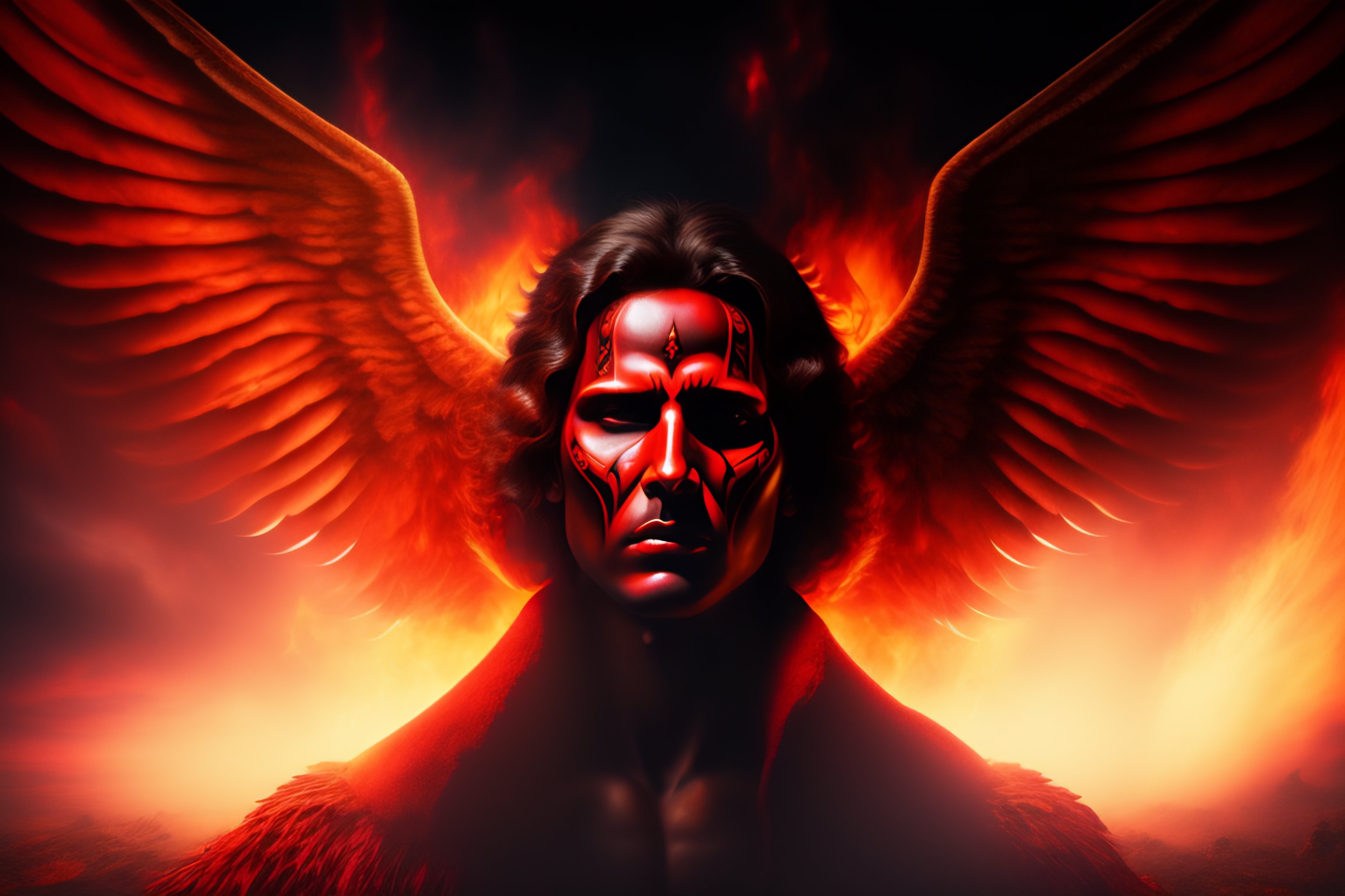 Lexica - Realistic Fallen Angel in hell. the face is like satan's red ...