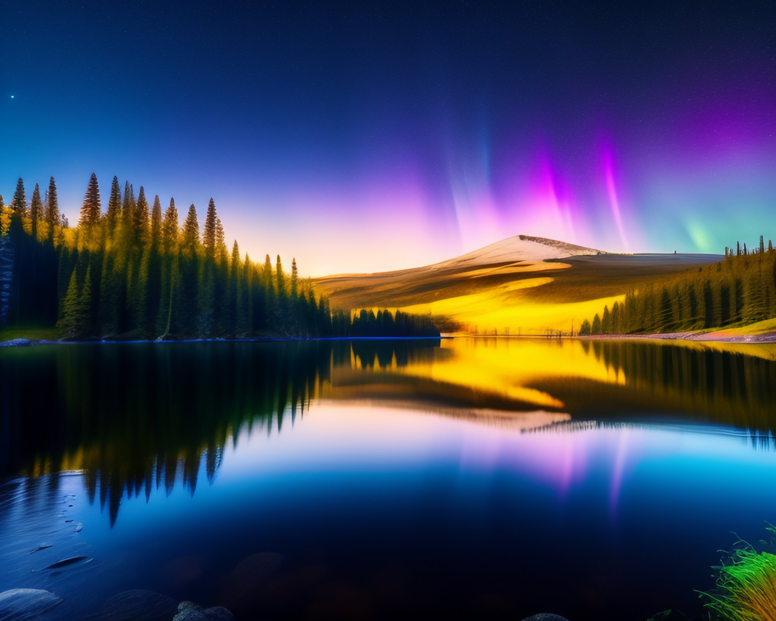 Lexica - A beautiful northern lake at night with pine trees, logs, lily ...