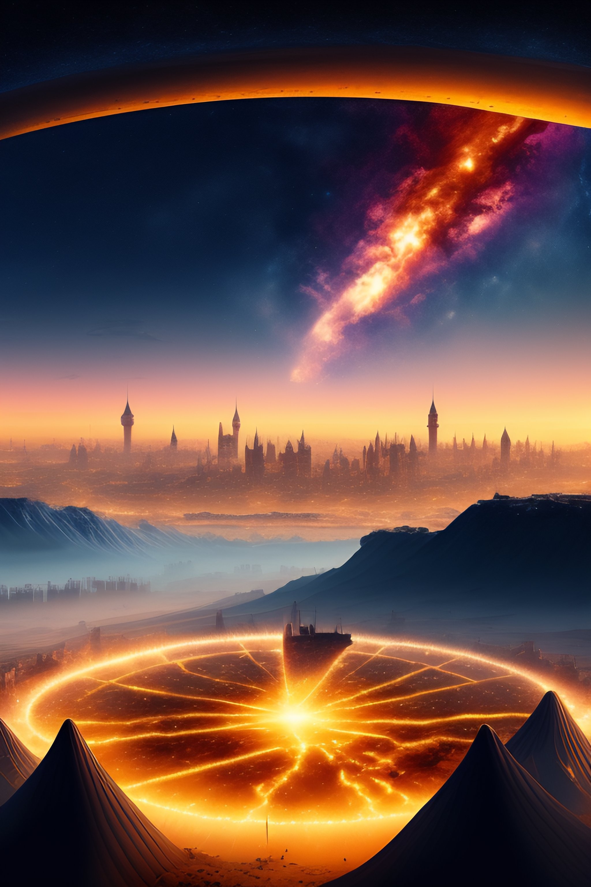 Lexica - An illustration of apocalyptic medieval city. huge meteor impact