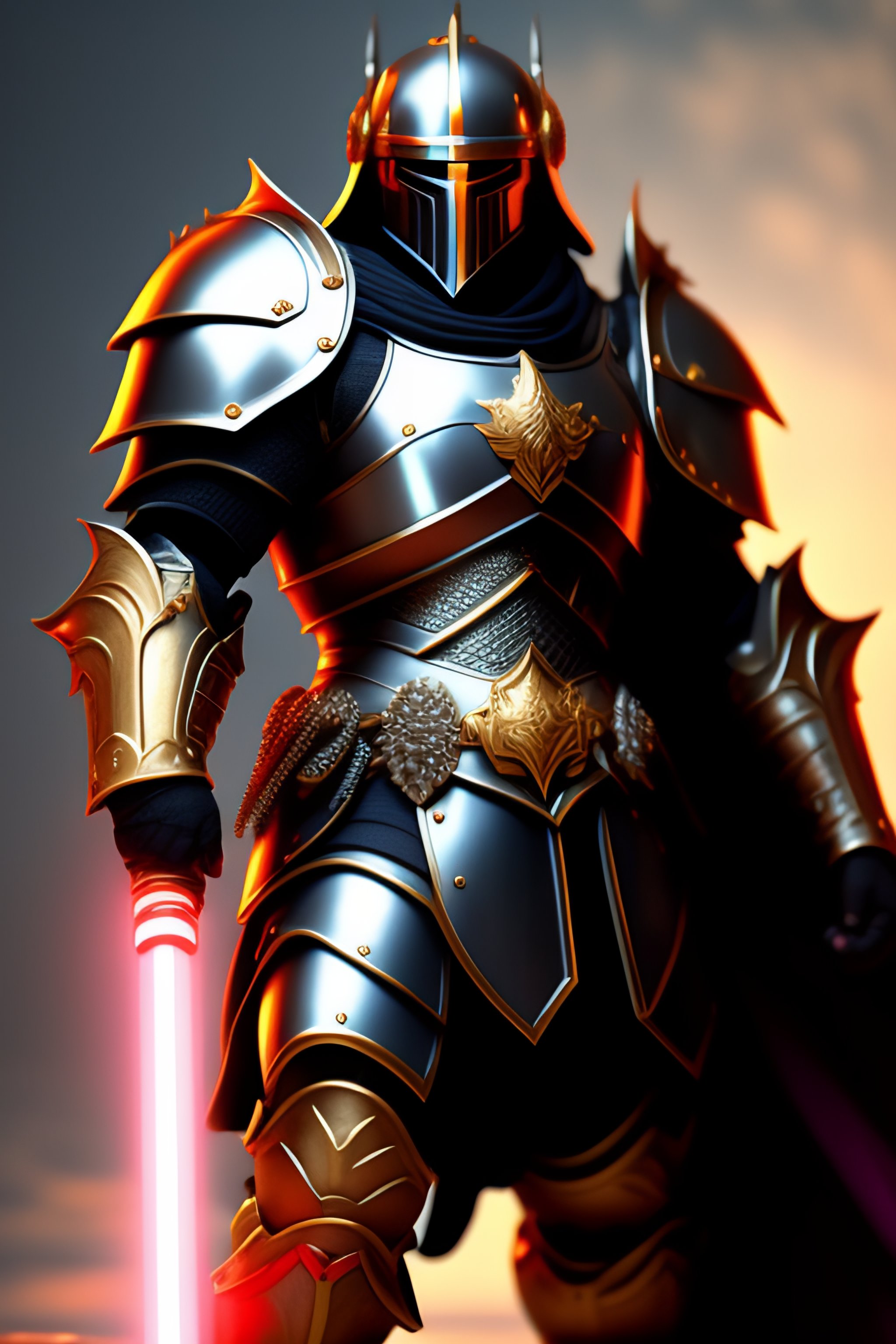 Lexica - Fantasy heavy armored knight fighting with light saber --v 4