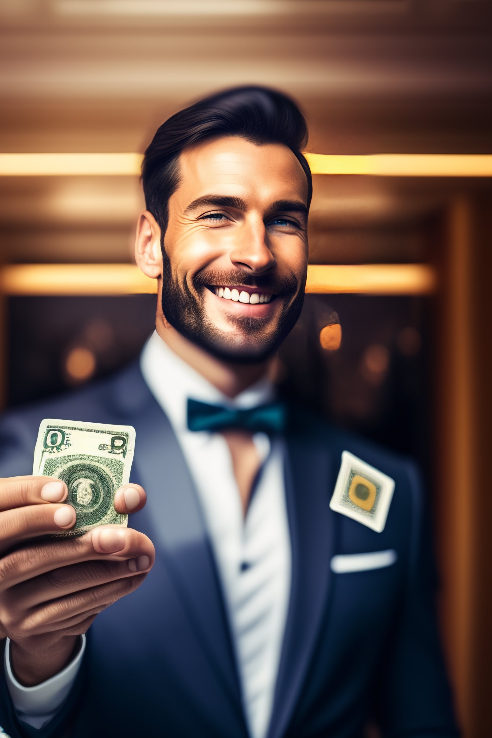 Lexica - A happy and rich white man with banknotes in his hands