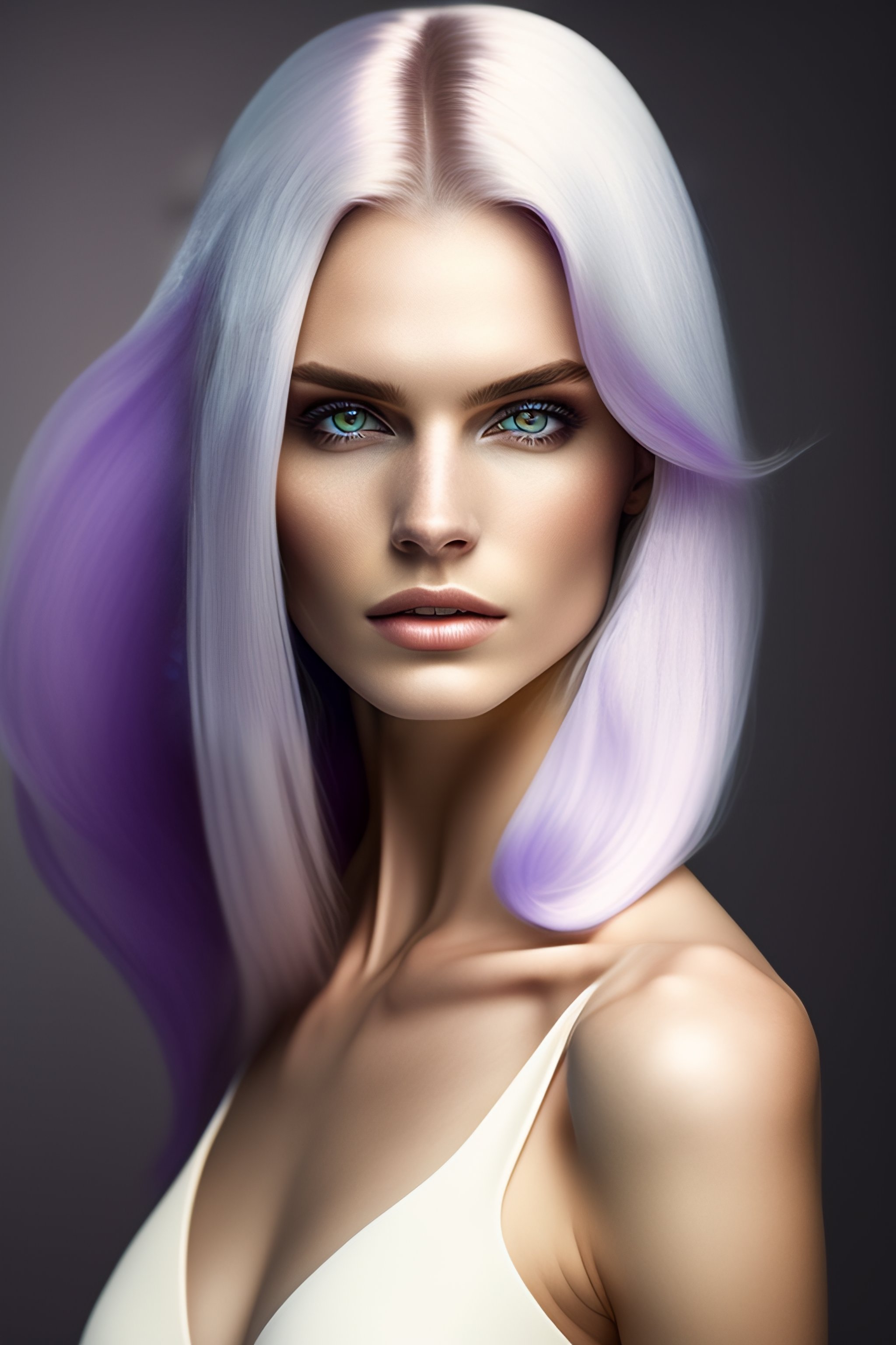 Lexica - A woman with violet eyes, pale skin, and long, pale silver ...