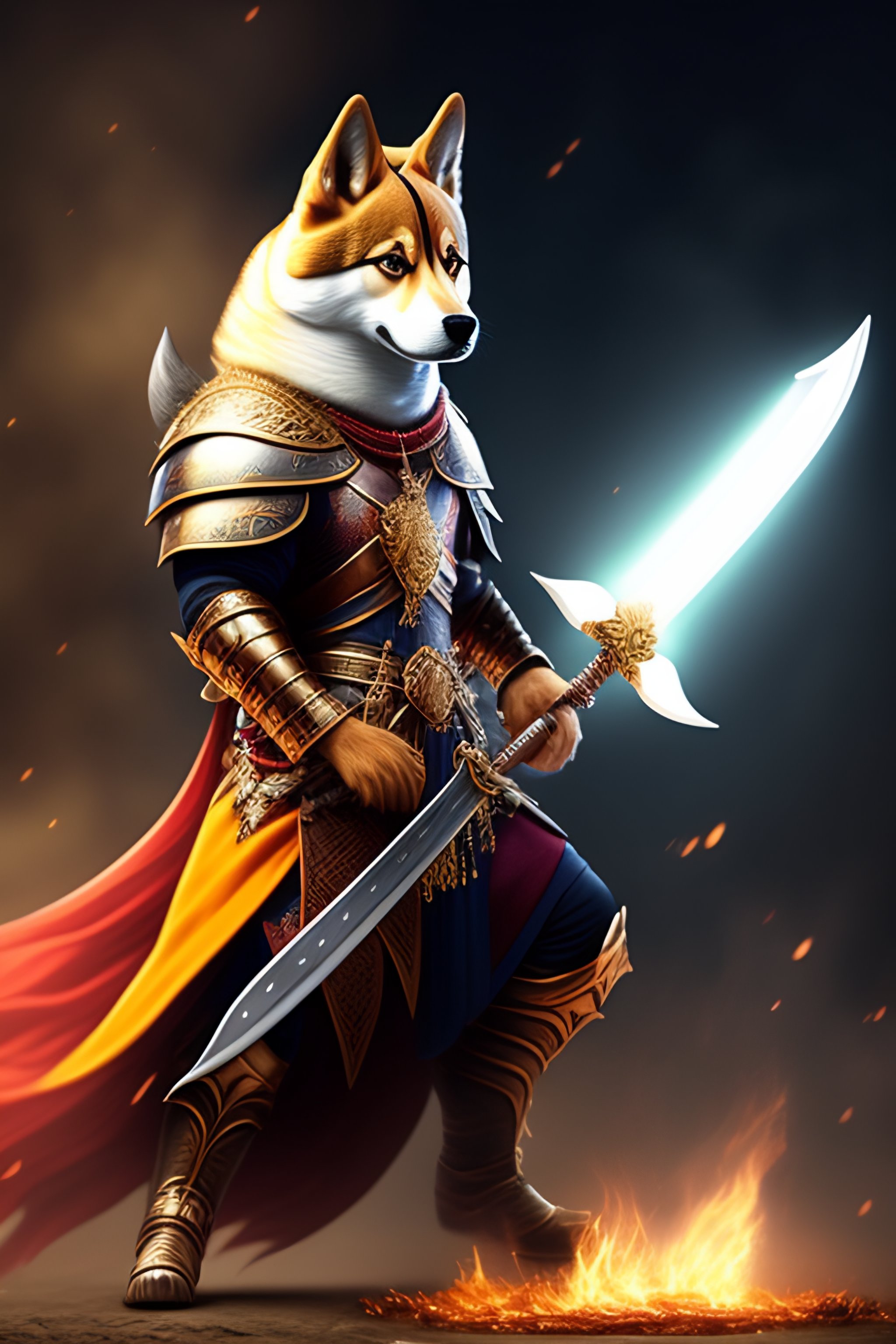 Lexica - A Doge Warrior holding a magic sword.