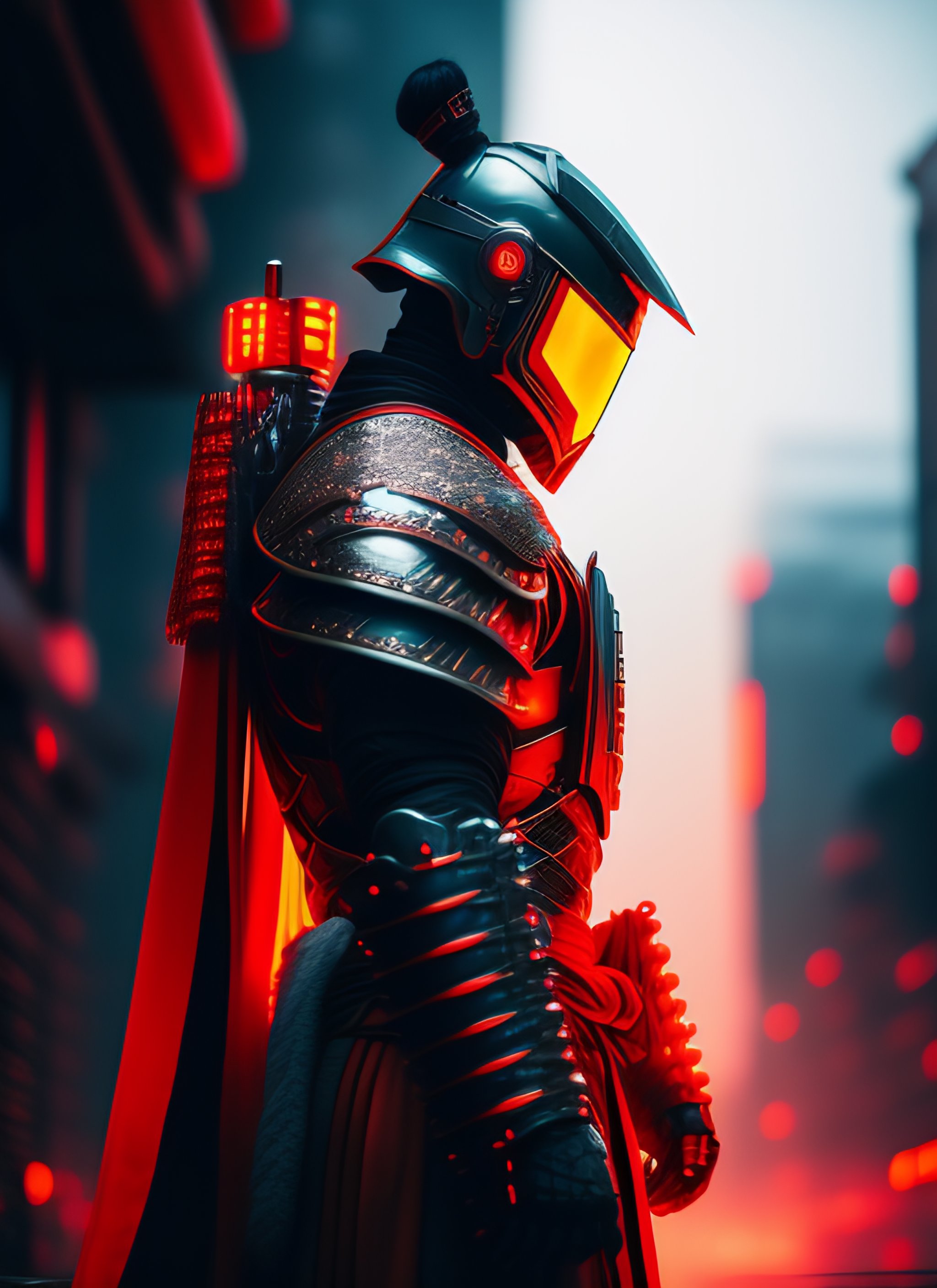 Lexica - Futuristic samurai, humanoid, iron suit, bue and red neon ...