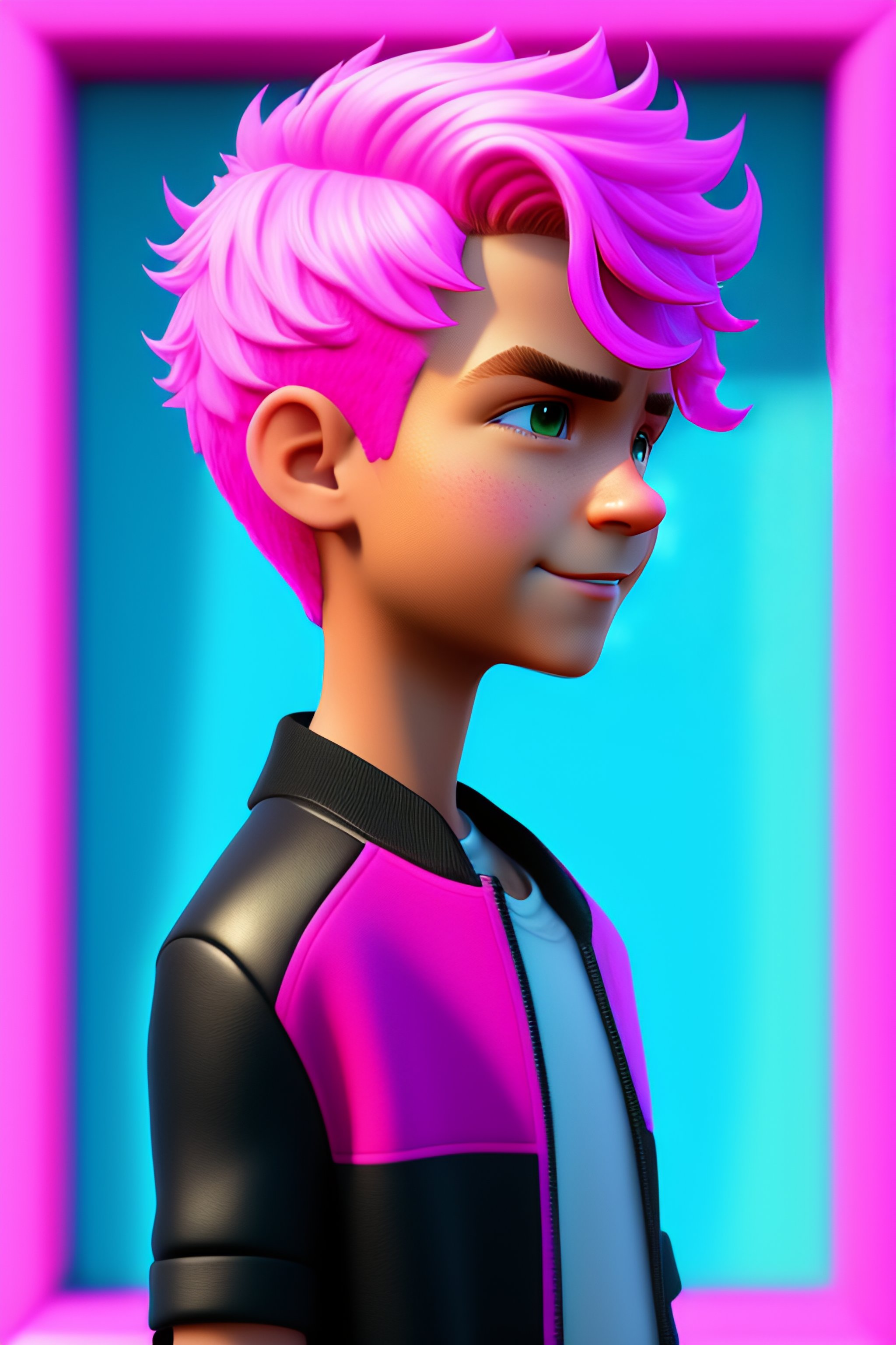 Lexica - Pink hair boy with airport in black zipper top, pixar style ...