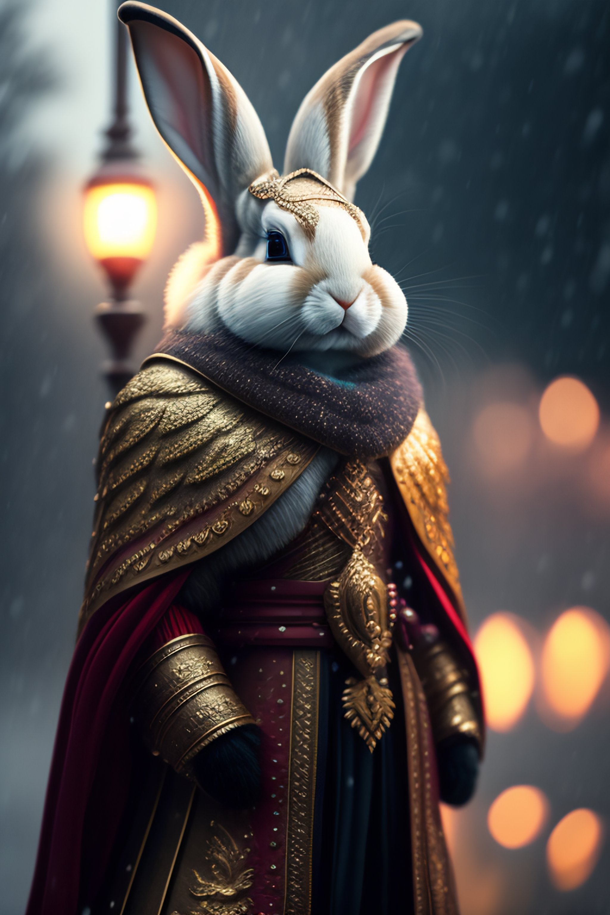 Lexica - Bunny, high ornamented light armor, fluffy fur, foggy, wet ...