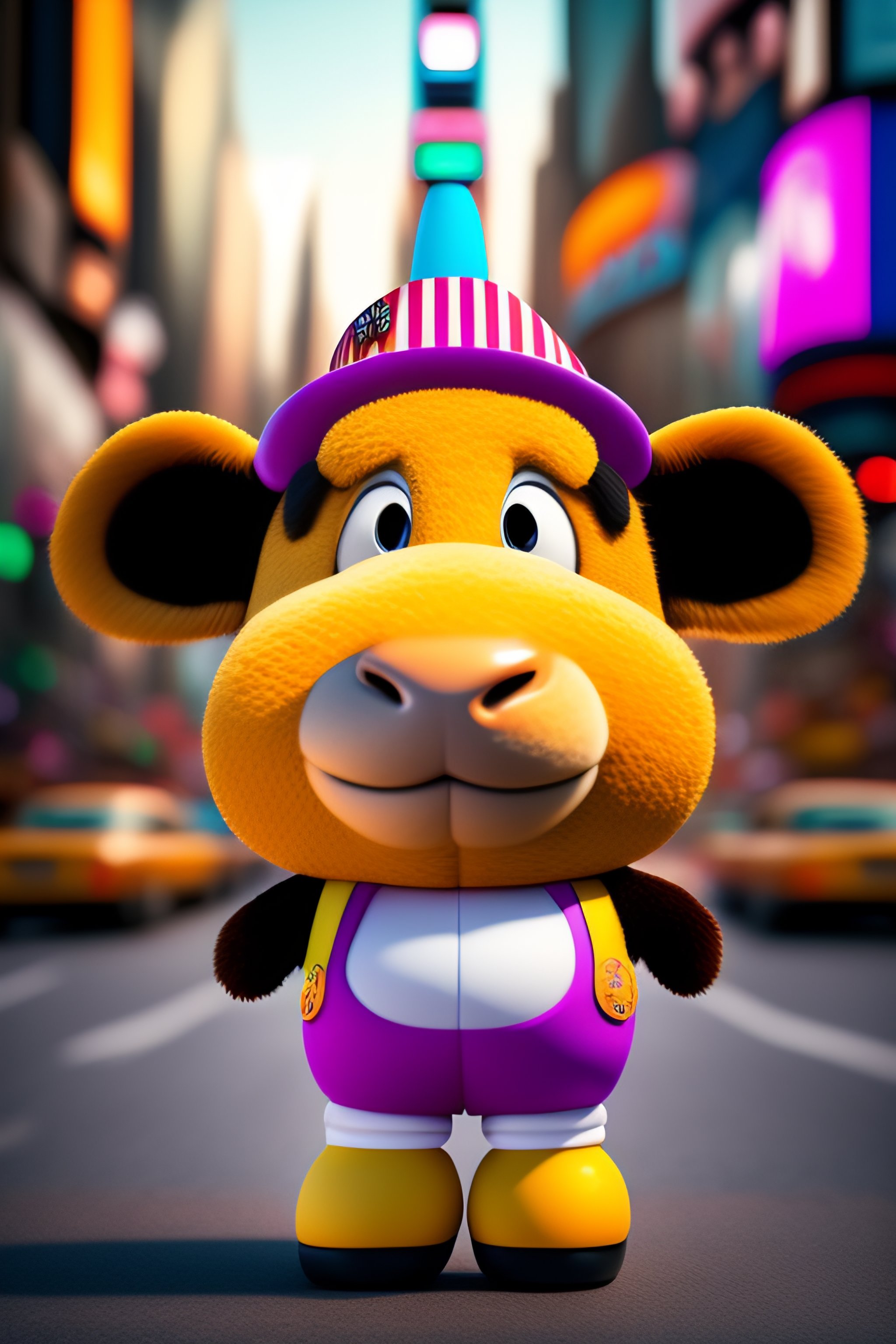Lexica - Una niña, stuffed cow, sonrisa, times square, Looney Tunes style