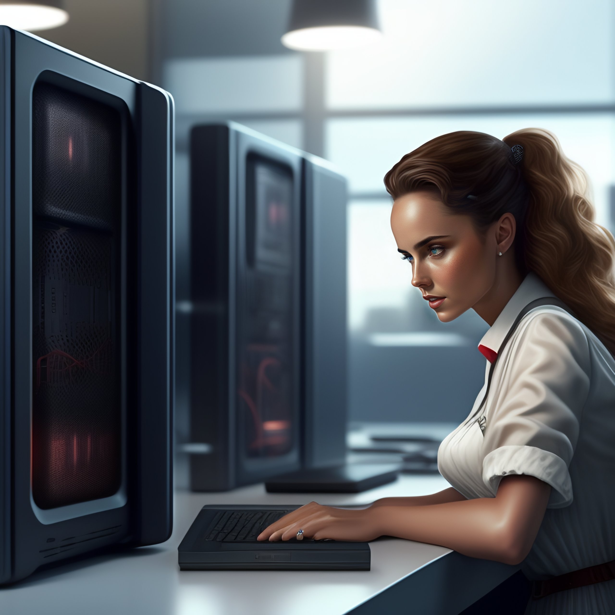 Lexica - Illustration an it guy who is plugging a girl through cables ...