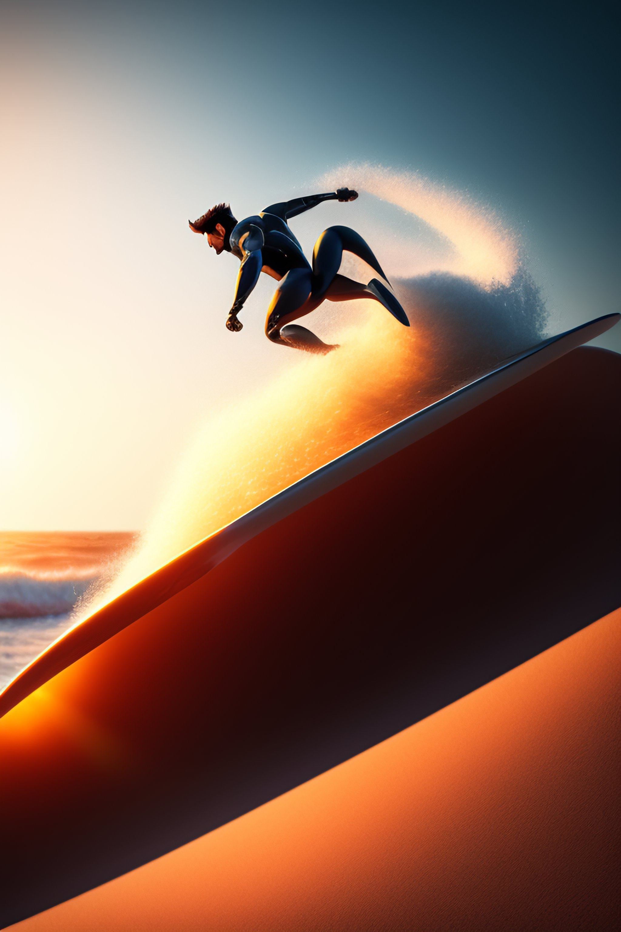 Lexica - Wolverine, on top of surf board, silver board, particles of ...