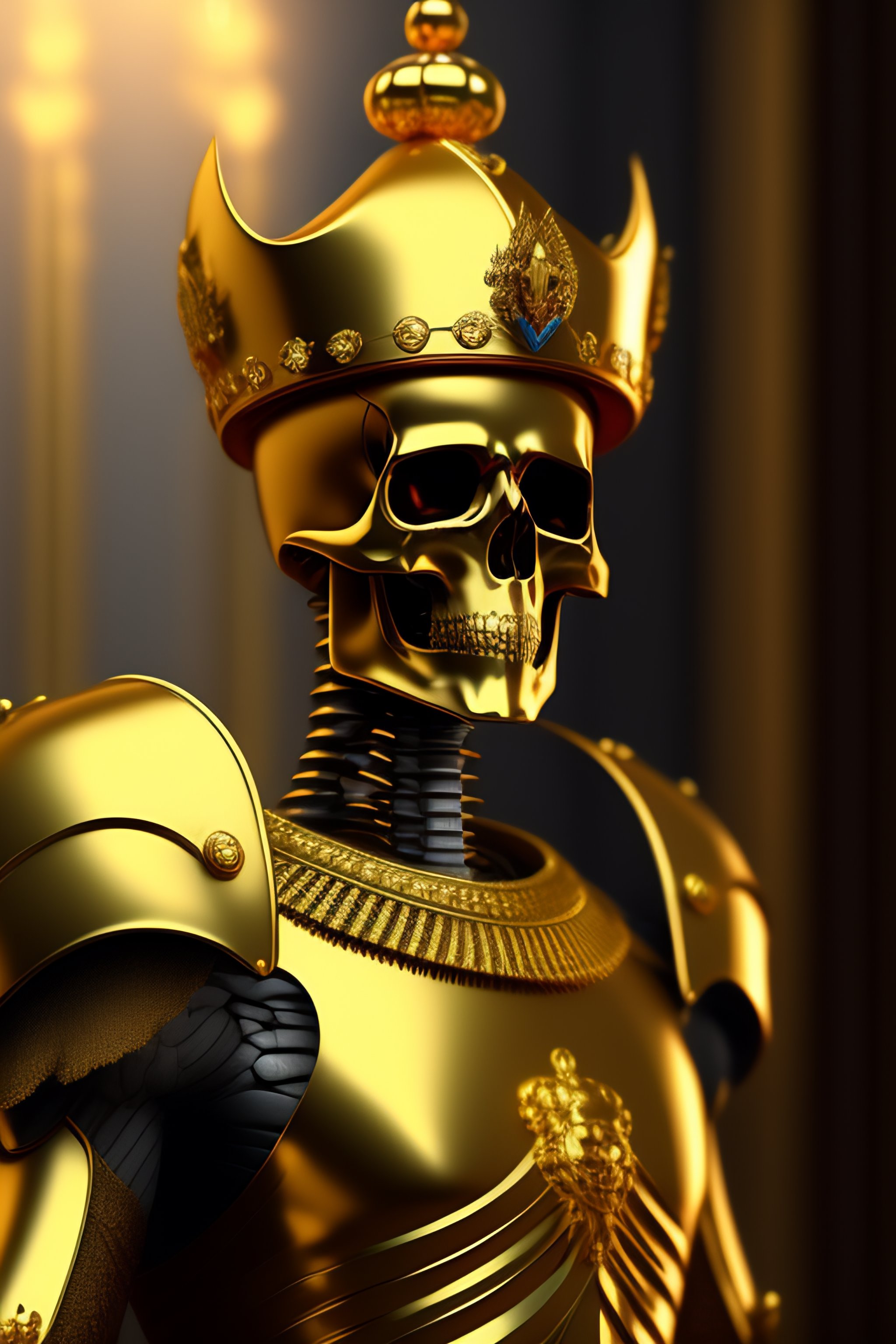 Lexica - Skeleton in golden armor, with a crown on his head and a human ...