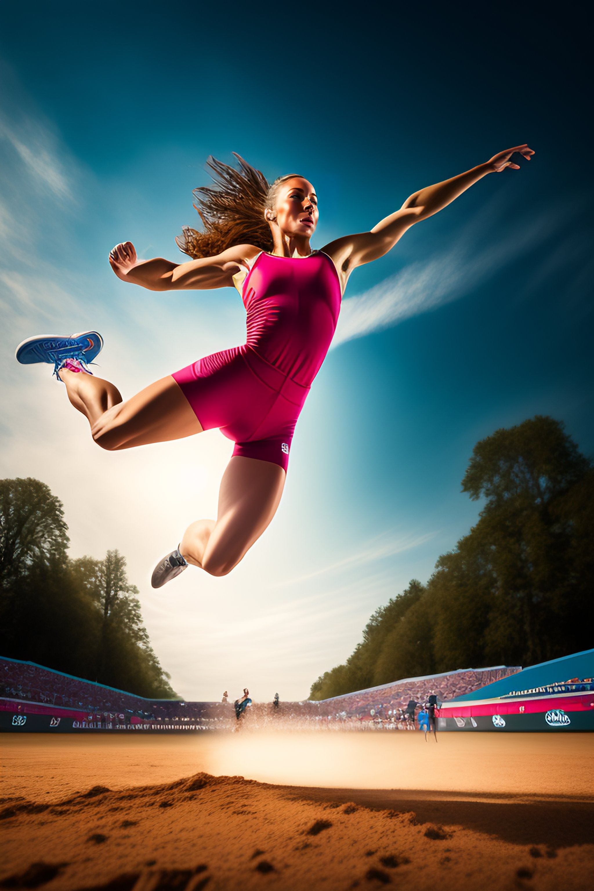 Lexica - Portrait of a beautiful caucasian woman jumping a long jump.